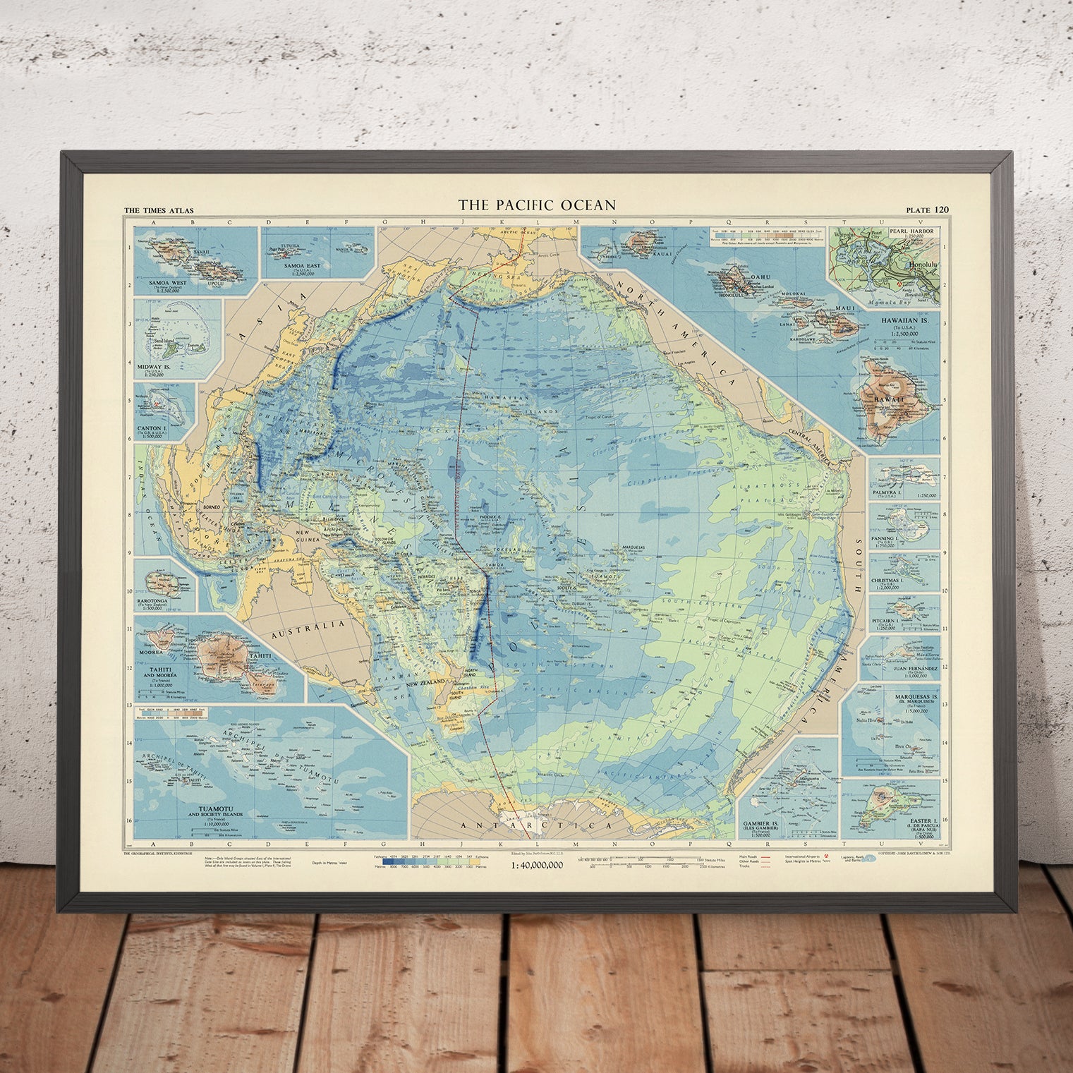 Old Map of the Pacific Ocean by Bartholomew, 1957: Inset Maps, Relief – The Unique Maps Co.