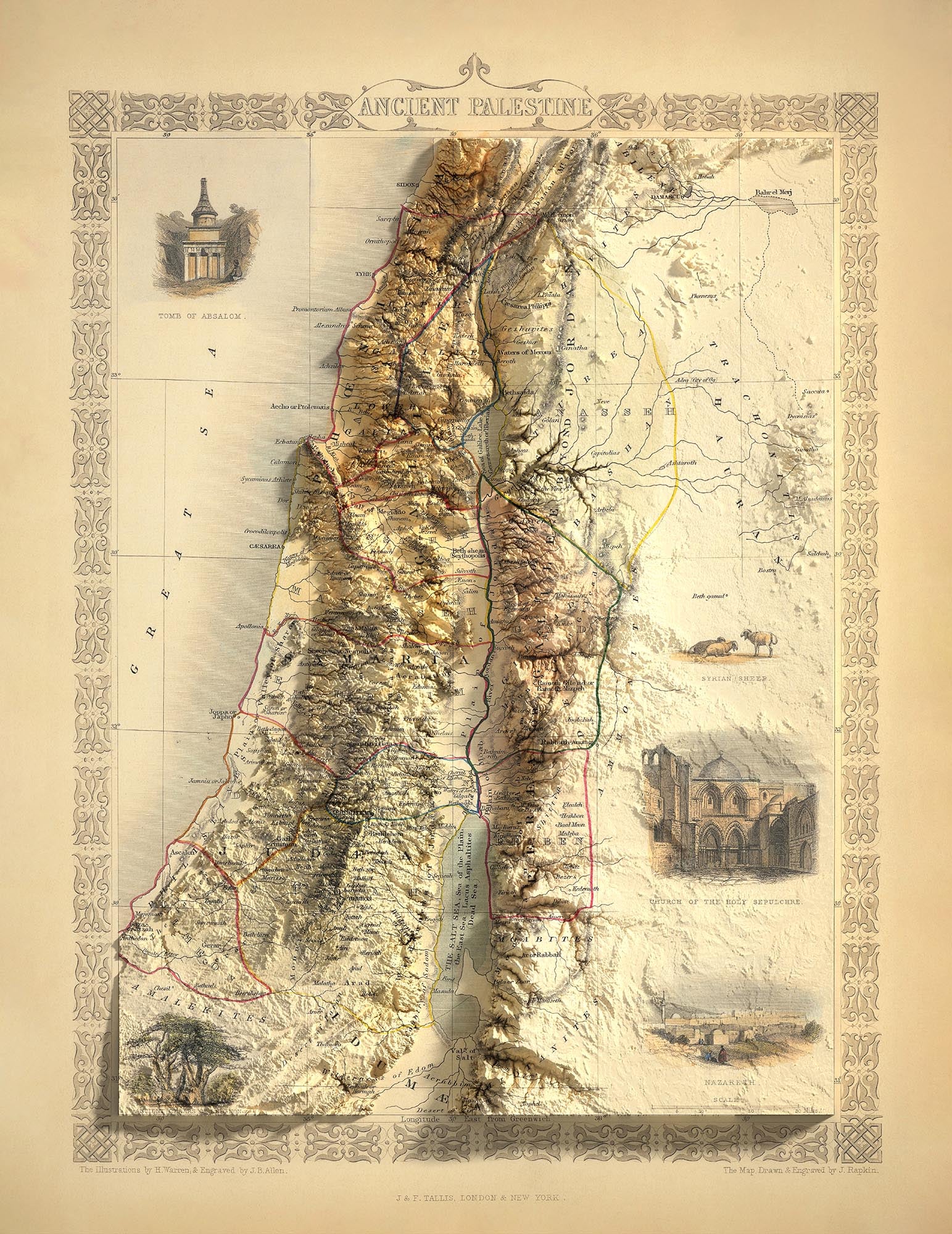 Old Map of Ancient Palestine in 1851 - Holy Land, Canaan, Jerusalem, J ...
