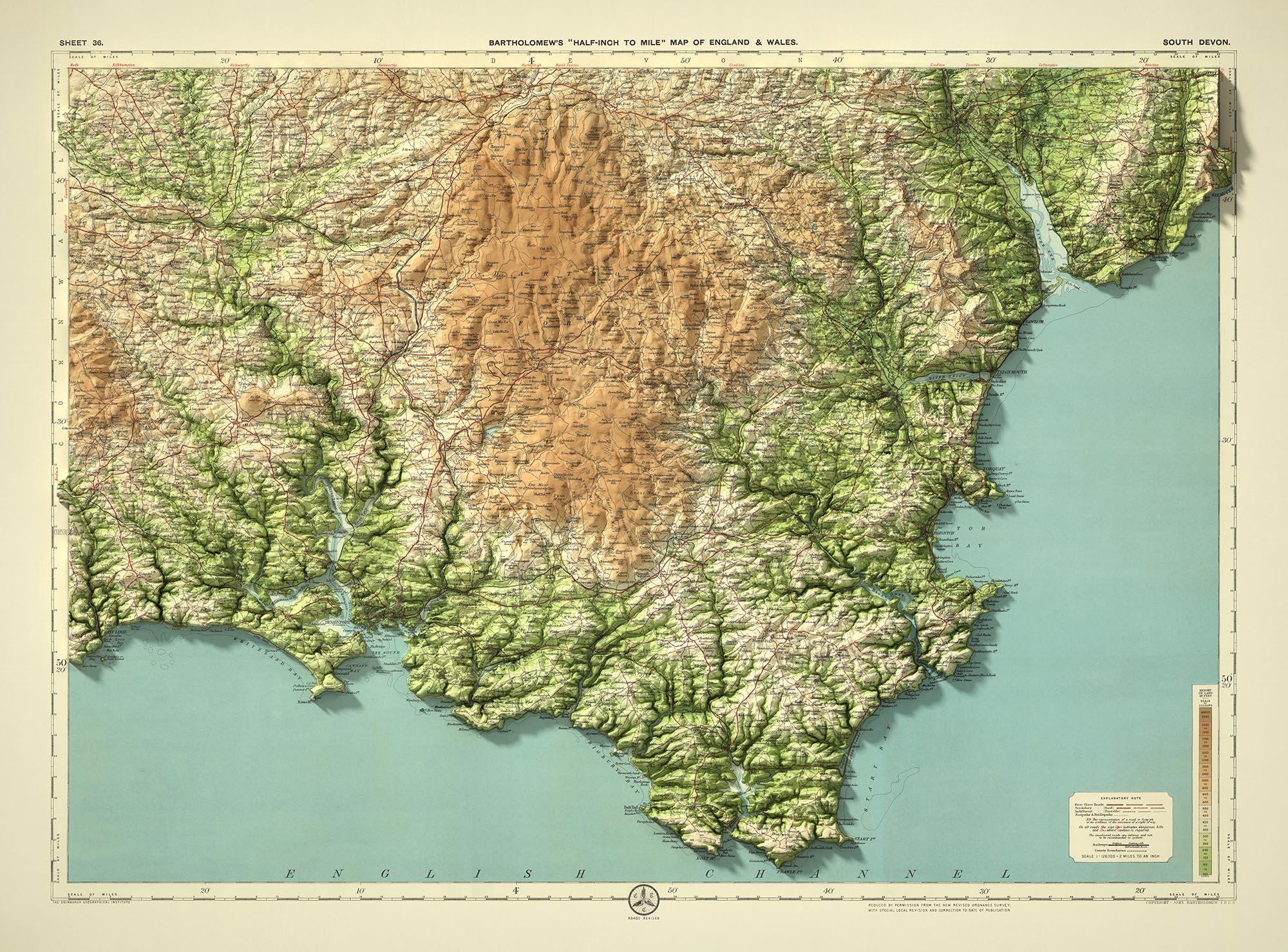 Old OS Map of South Devon by Bartholomew, 1901: Exeter, Torquay, Dartm ...