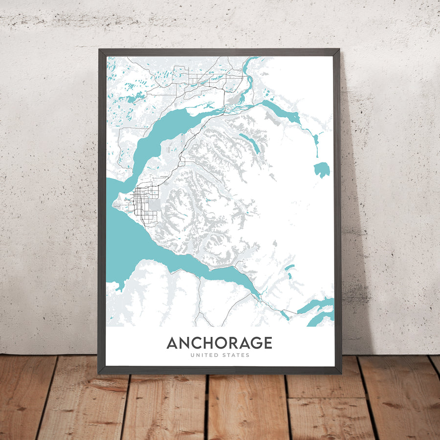 Modern City Map of Anchorage, AK: Downtown, Airport, Port, Mountains ...