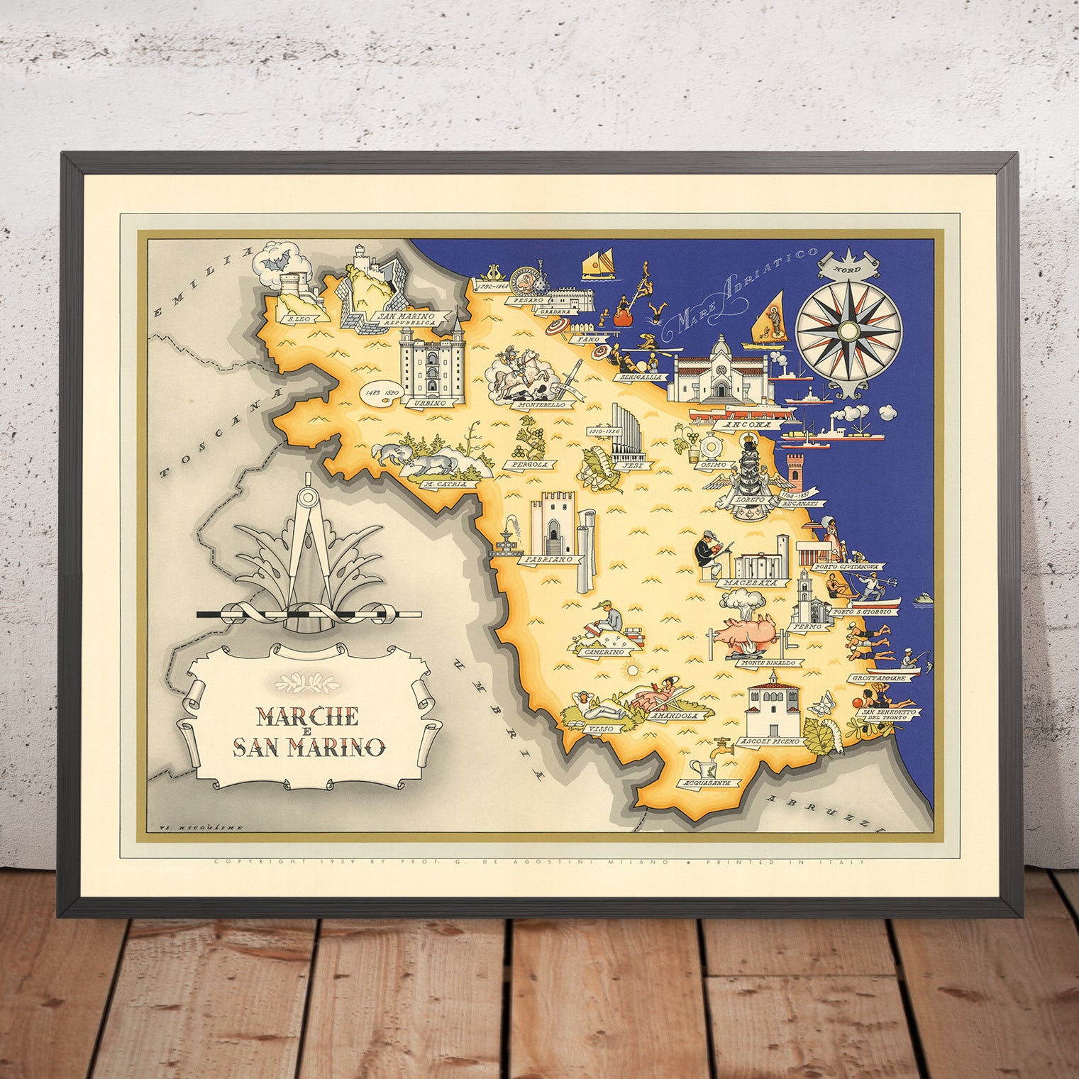 Old Pictorial Map of Le Marche & San Marino by De Agostini, 1938: Anco ...