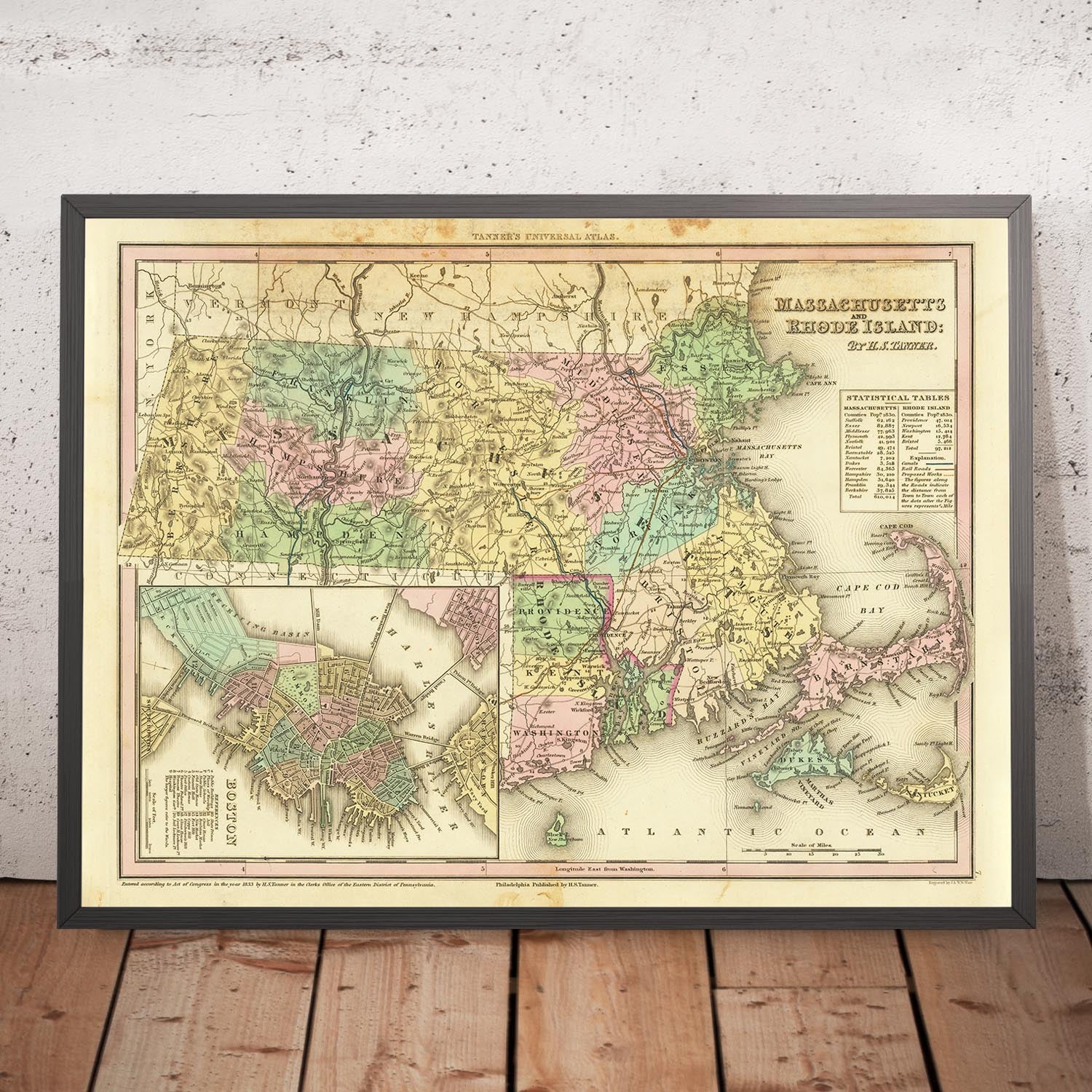Old Map of Massachusetts and Rhode Island by H. S. Tanner, 1836: Bosto ...