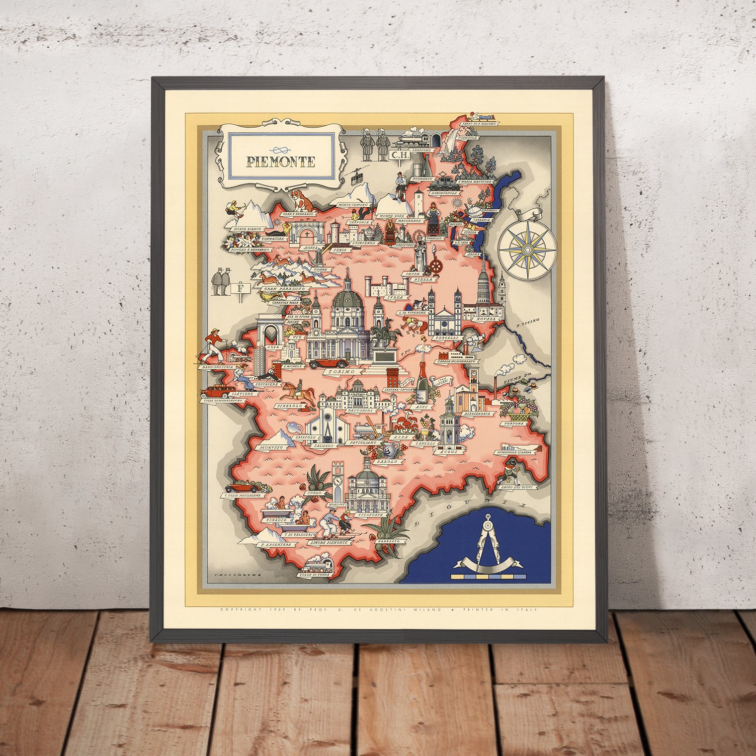 Old Pictorial Map of Piedmont by De Agostini, 1938: Turin, Novara, Ver ...