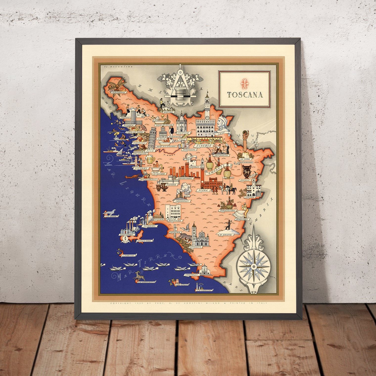 Old Pictorial Map of Tuscany by De Agostini, 1938: Pisa, Florence, Sie ...