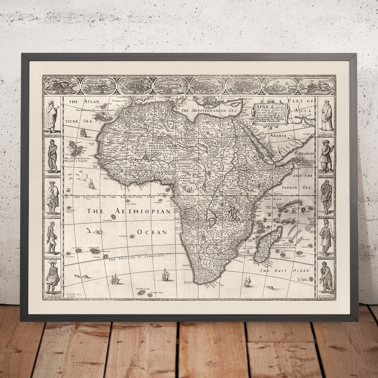 Old Monochrome Map of Africa by Speed, 1676: Showing Traditional Peopl ...
