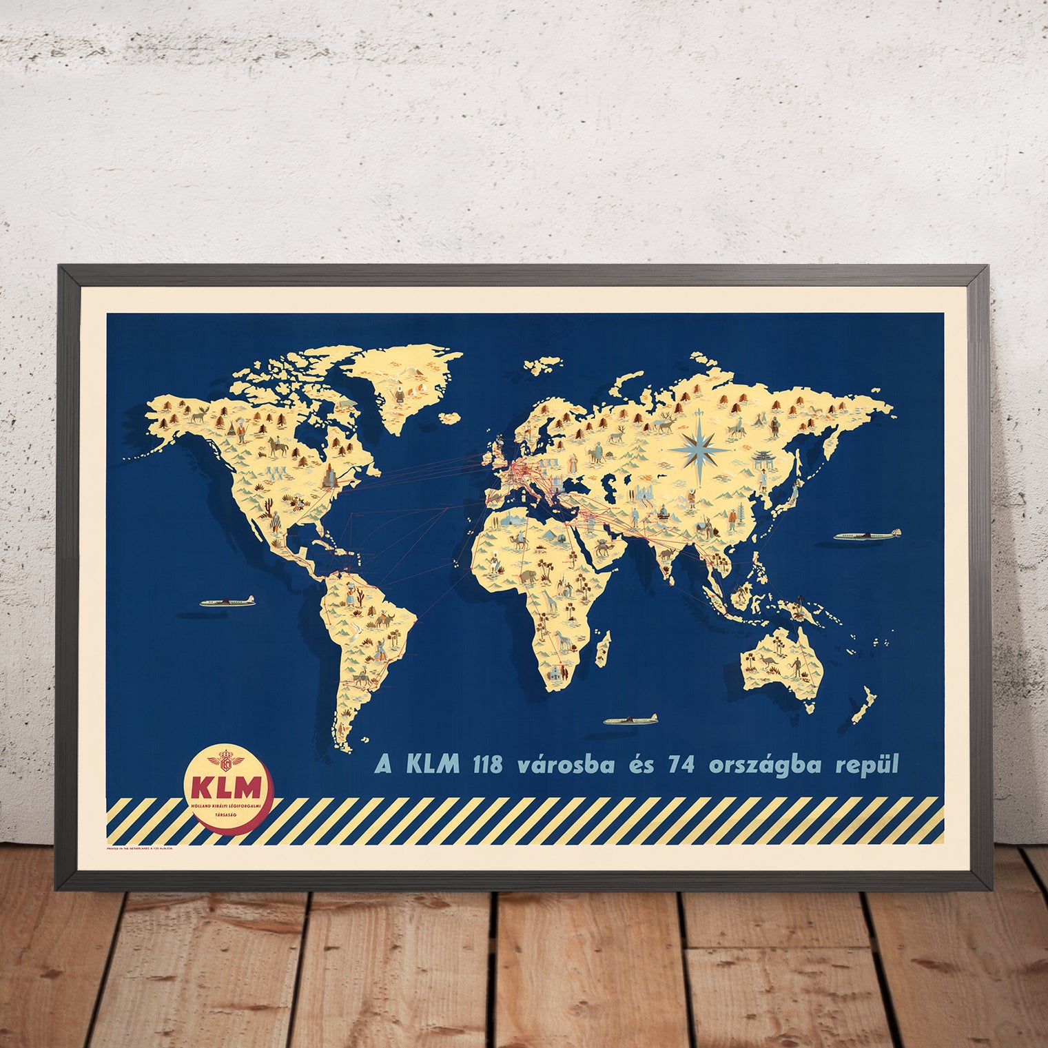 Old World Map of KLM’s Airway Flight Routes, 1955: 118 Routes, 74 Coun ...
