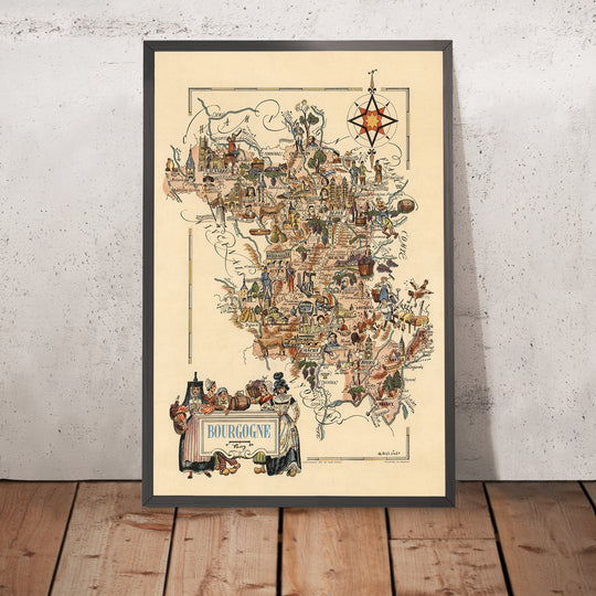Old Pictorial Map of Burgundy (Bourgogne) by Liozu, 1951: Dijon, Beaun ...