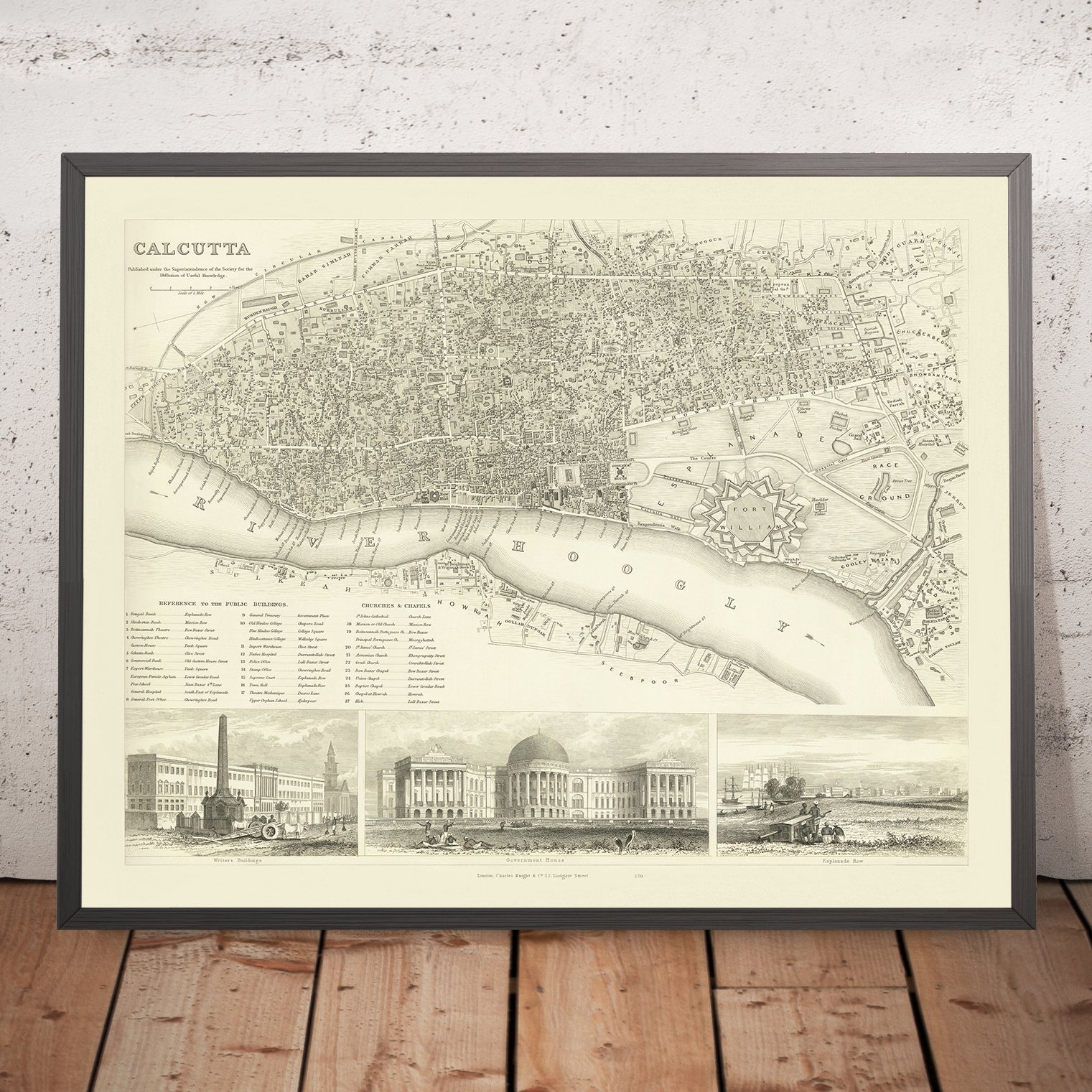 Old Map of Calcutta (Kolkata), 1840: Fort William, Government House, E ...