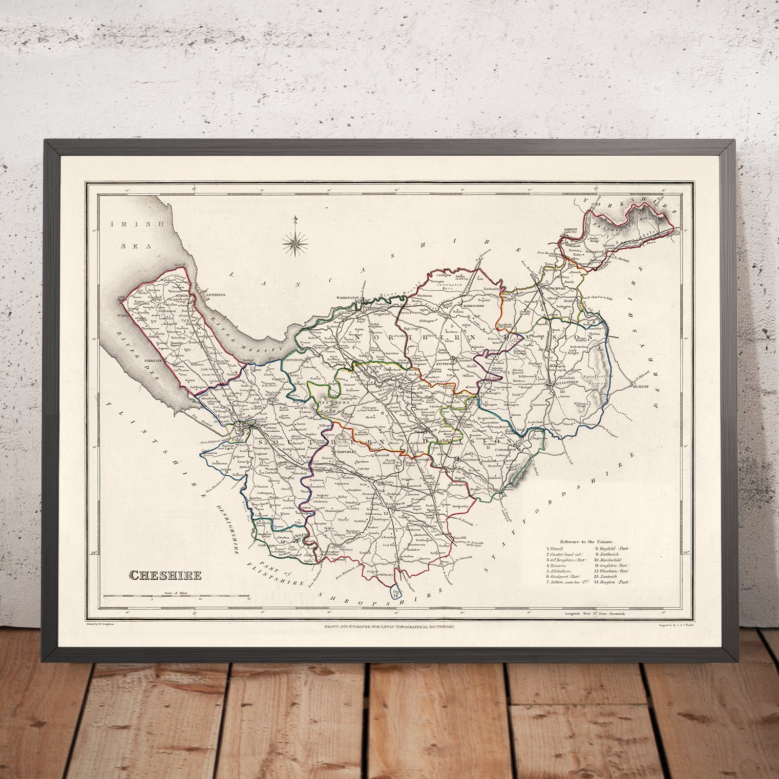 Old Map of Cheshire by Samuel Lewis, 1844: Warrington, Stockport, Ches ...