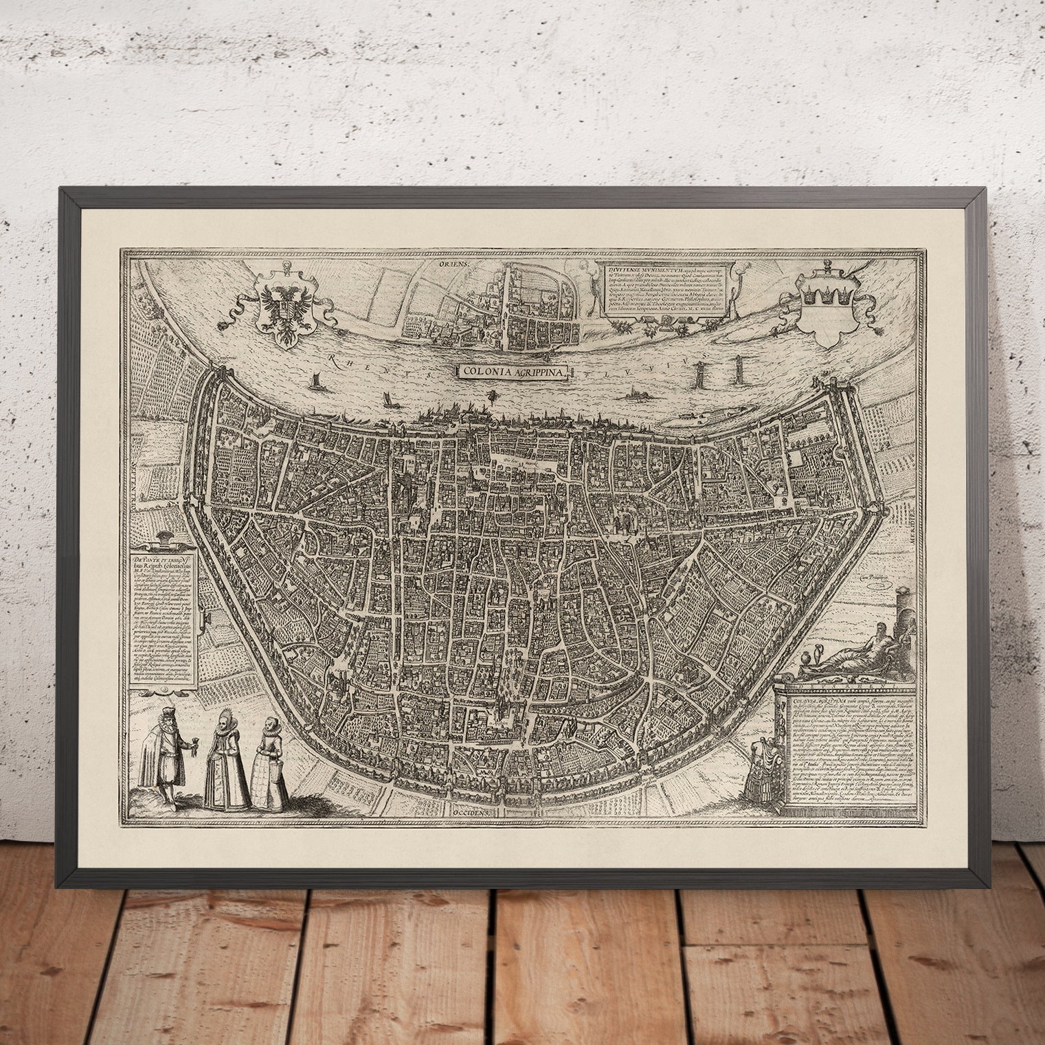 Old Monochrome Map of Cologne by Braun, 1575: Cathedral, Rathaus, Heum ...