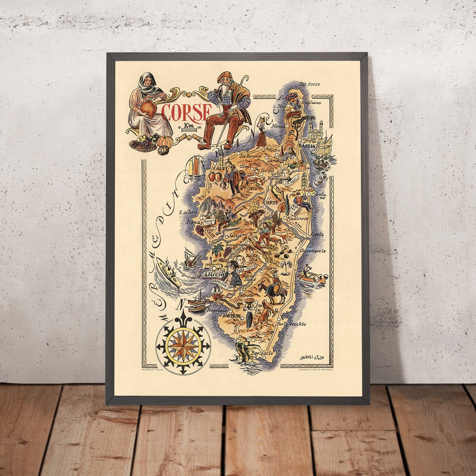 Old Pictorial Map of Corsica by Liozu, 1951: Ajaccio, Corte, Bastia, N ...