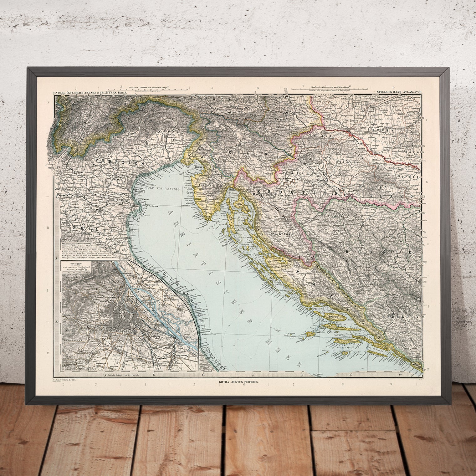 Old Map of Croatia and Bosnia by Adolf Stieler, 1894: Adriatic Sea, th ...