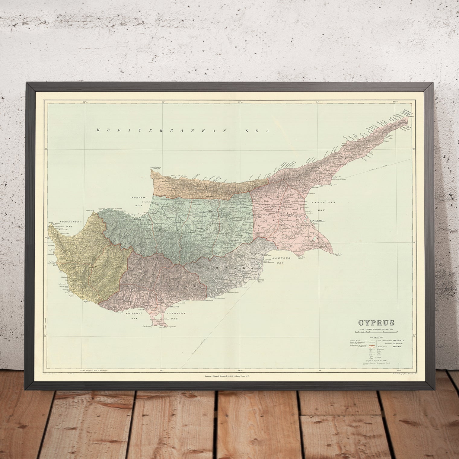 Old Map of Cyprus by Stanford, 1904: Nicosia, Troodos Mtns, Ancient Si ...