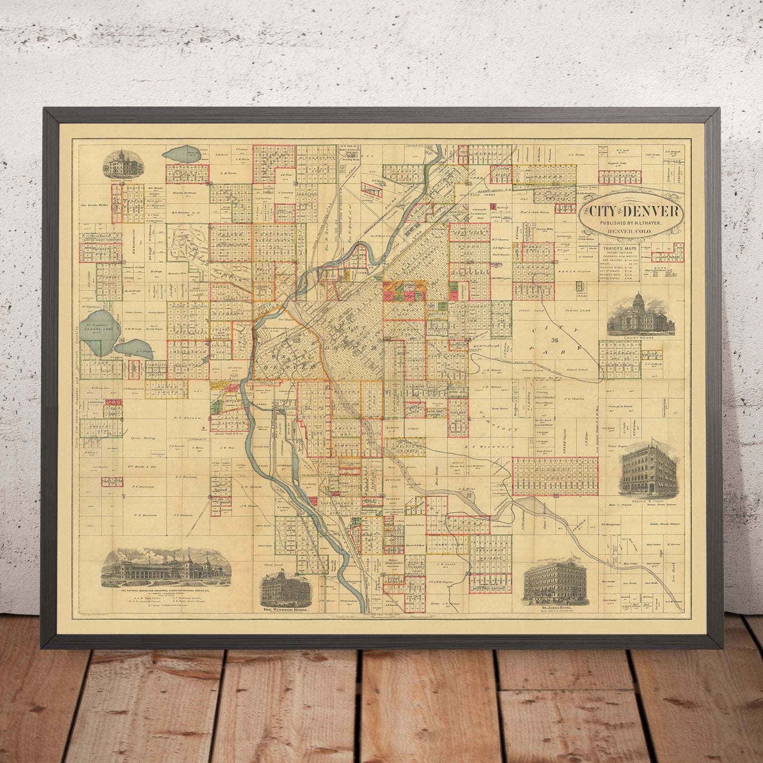 Old Map of Denver by Thayer, 1883: Platte River, Cherry Creek, City Pa ...