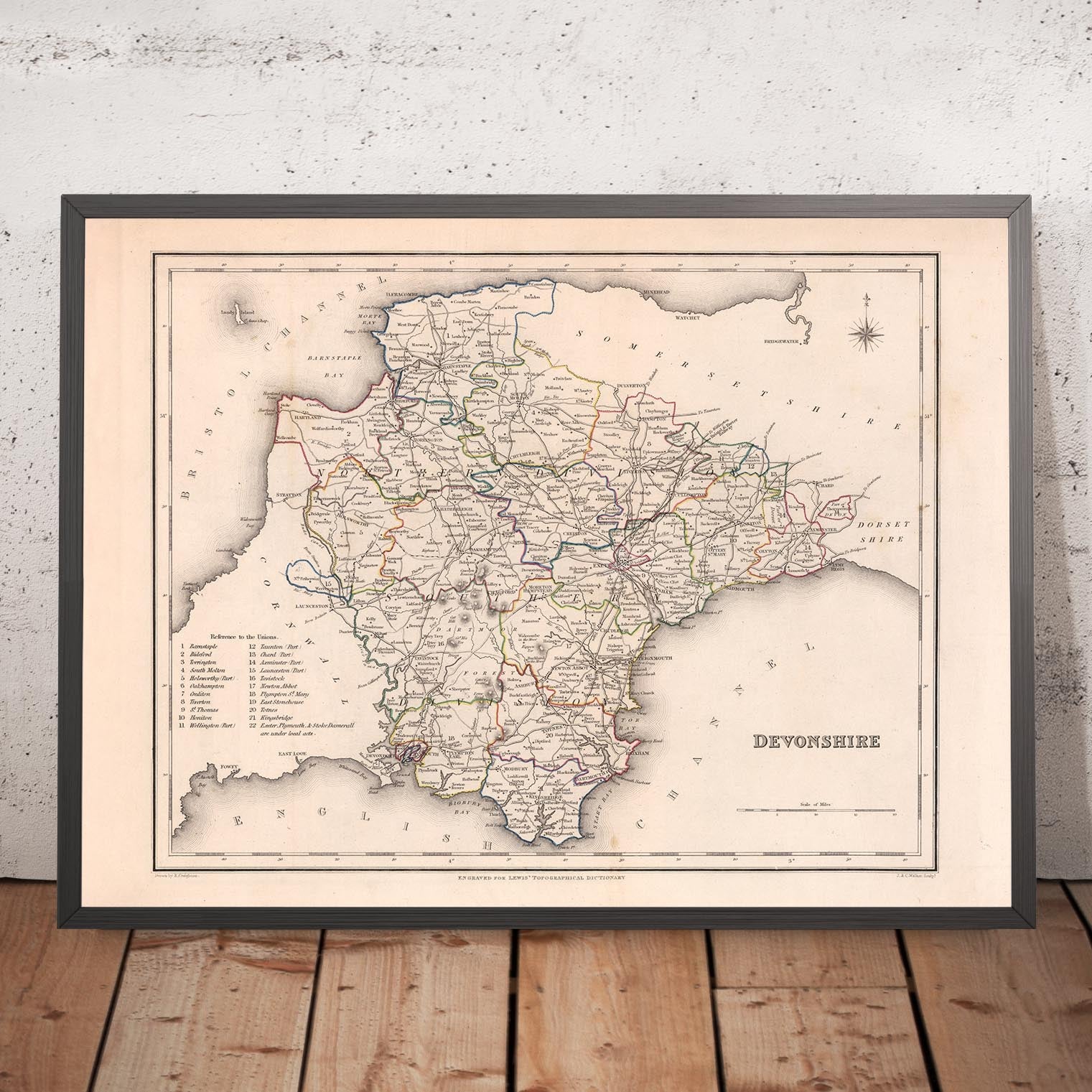 Old Map of Devon by Samuel Lewis, 1844: Exeter, Plymouth, Torquay, Pai ...