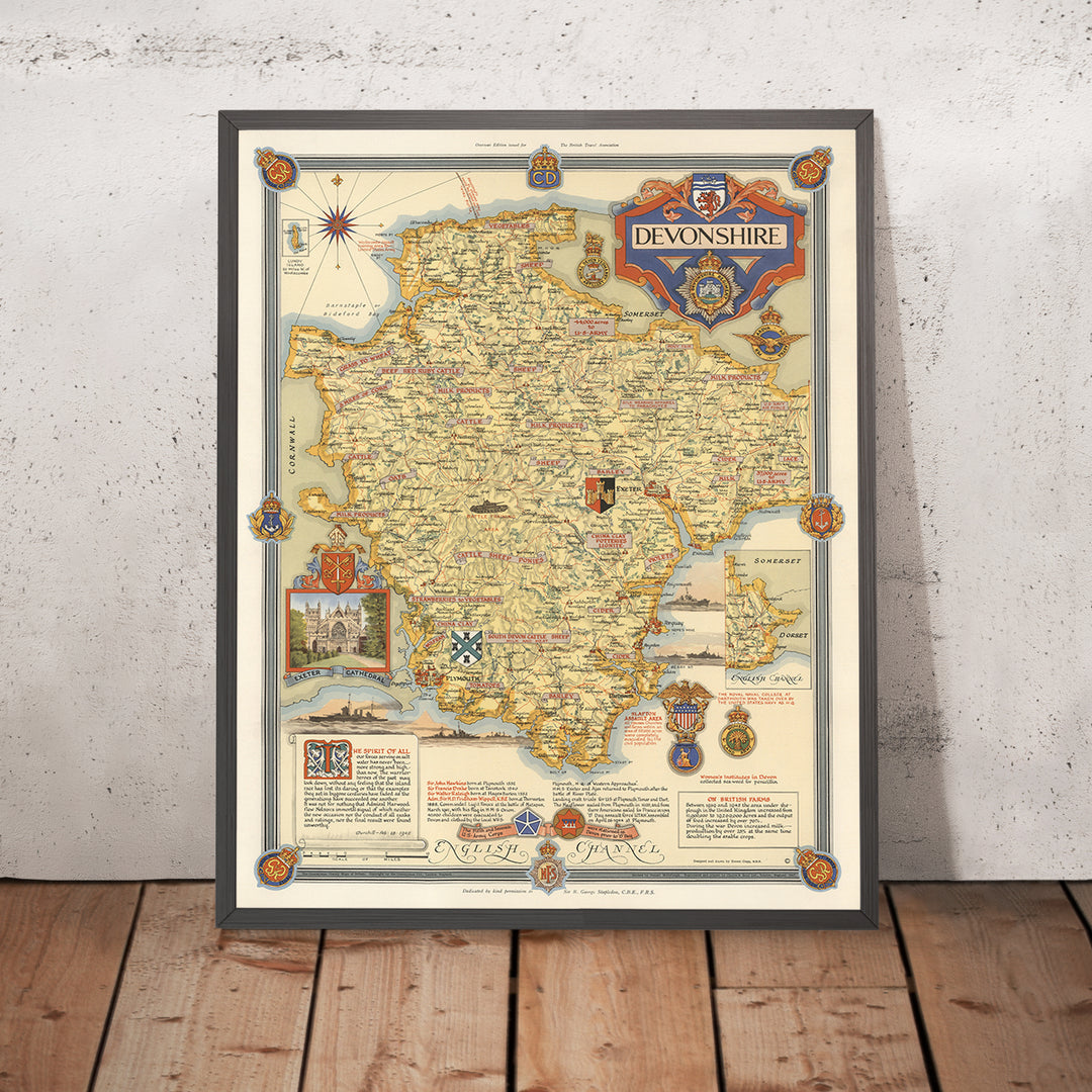 Old Pictorial Map of Devon by Clegg, 1947: Plymouth, Exeter, Dartmoor ...