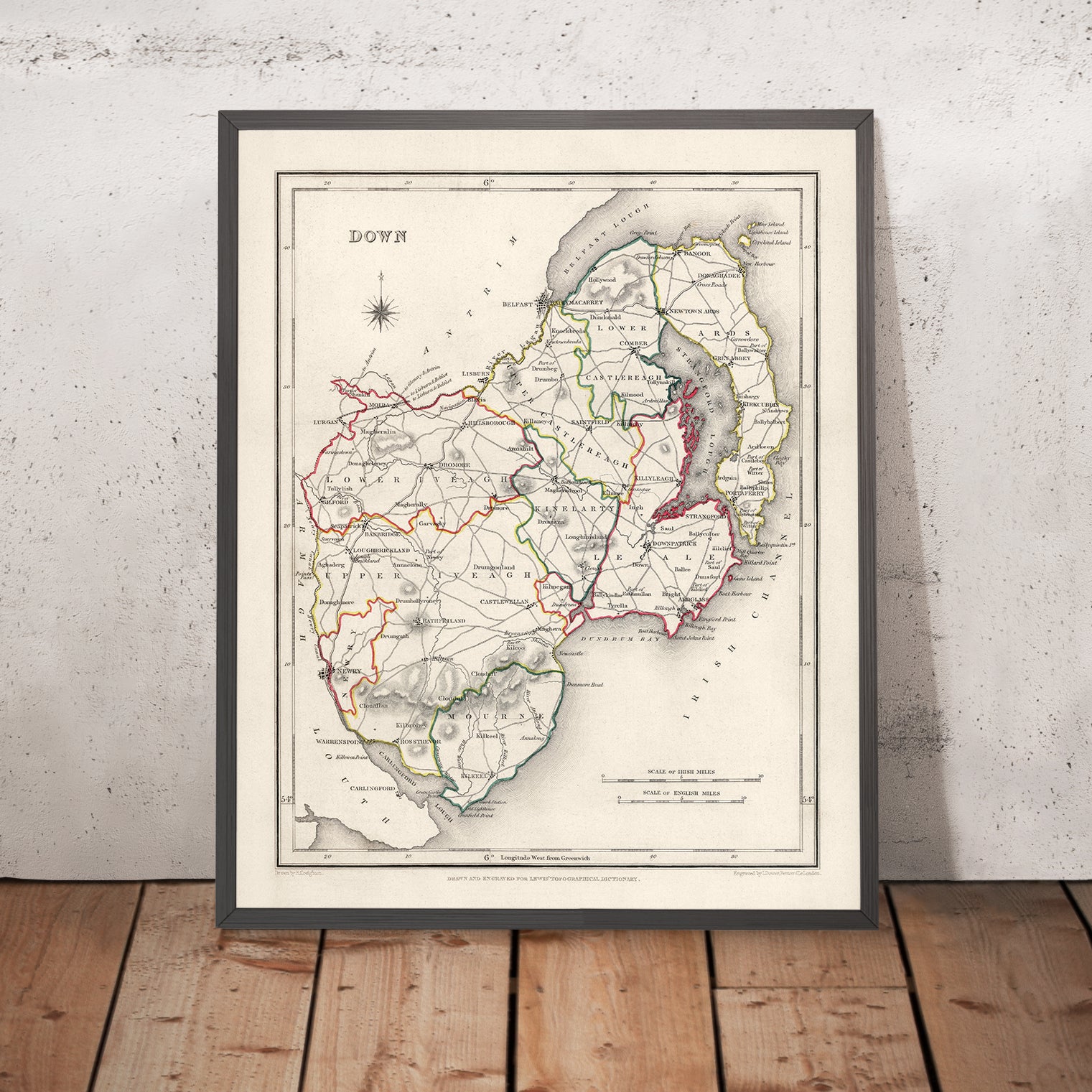 Old Map of County Down by Samuel Lewis, 1844: Belfast, Bangor ...