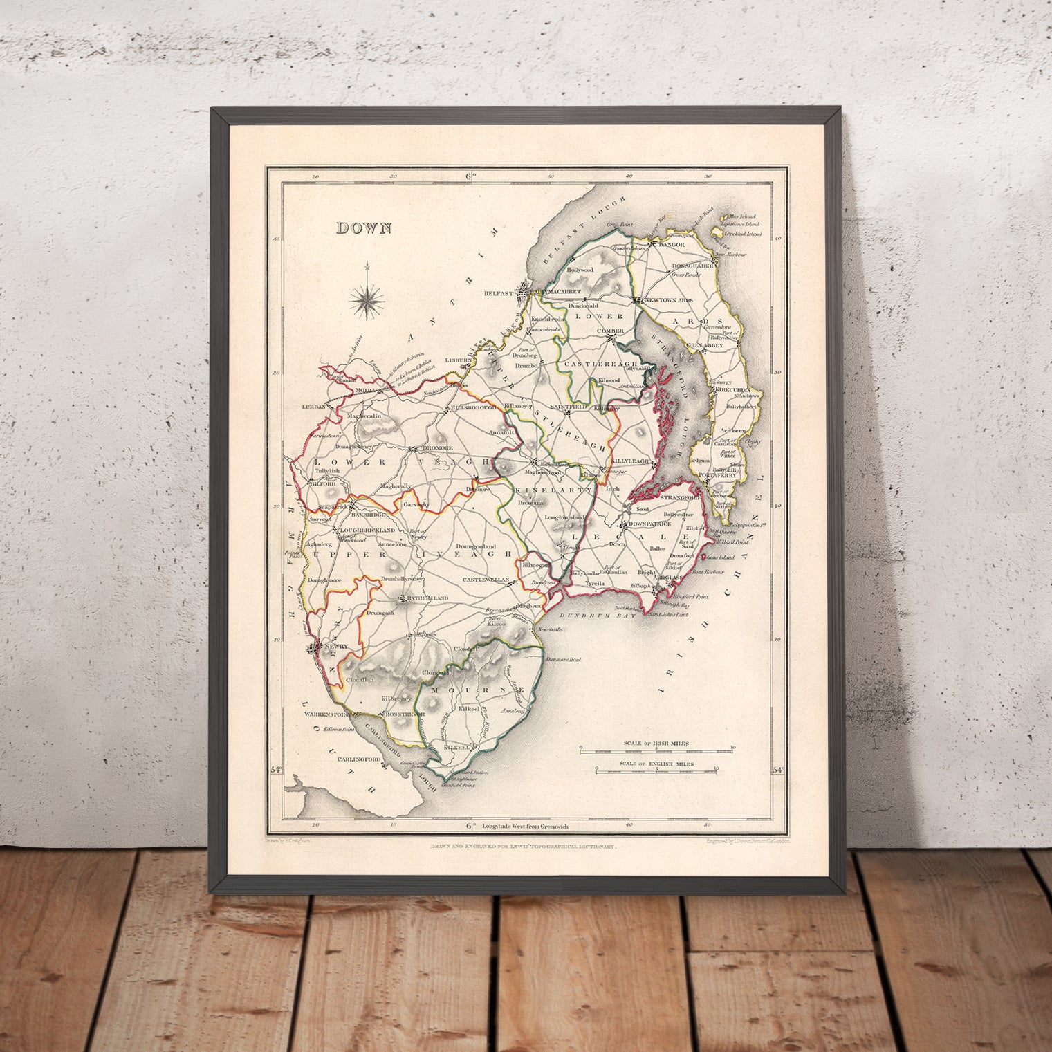 Old Map of County Down by Samuel Lewis, 1844: Belfast, Bangor, Newtown ...