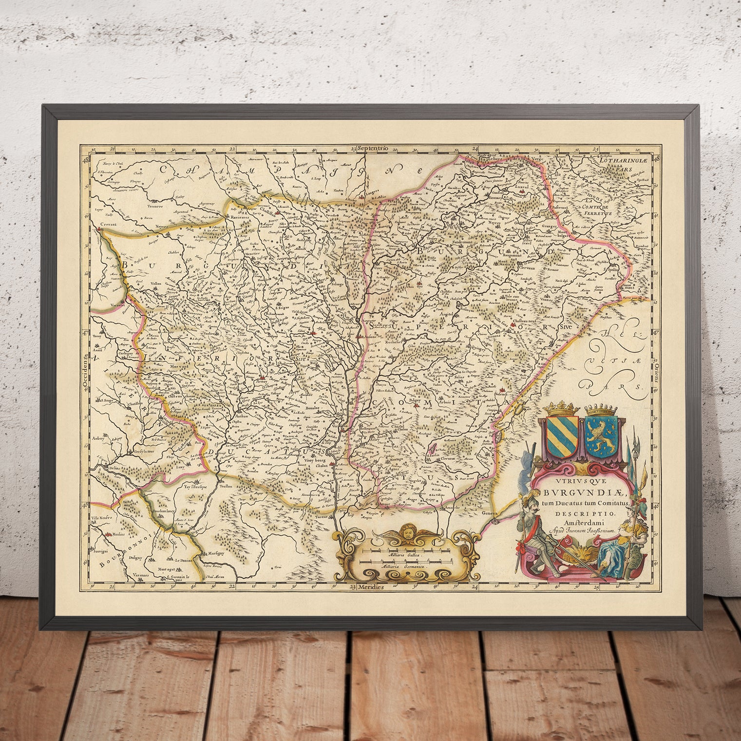 Old Map of Burgundy, France by Visscher, 1690: Dijon, Besançon, Chalon ...