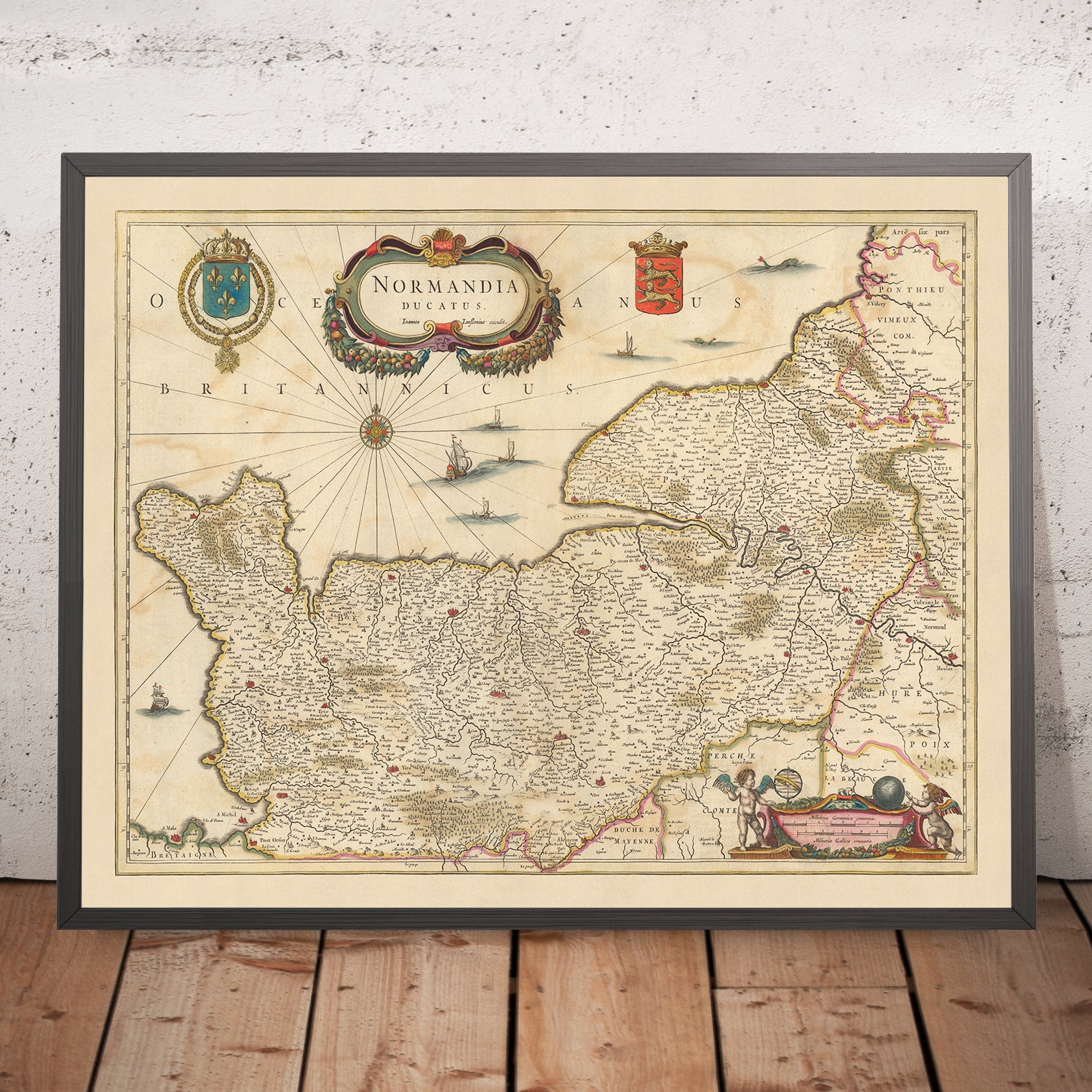 Old Map of Duchy of Normandy by Visscher, 1690: Caen, Le Havre, Roen ...