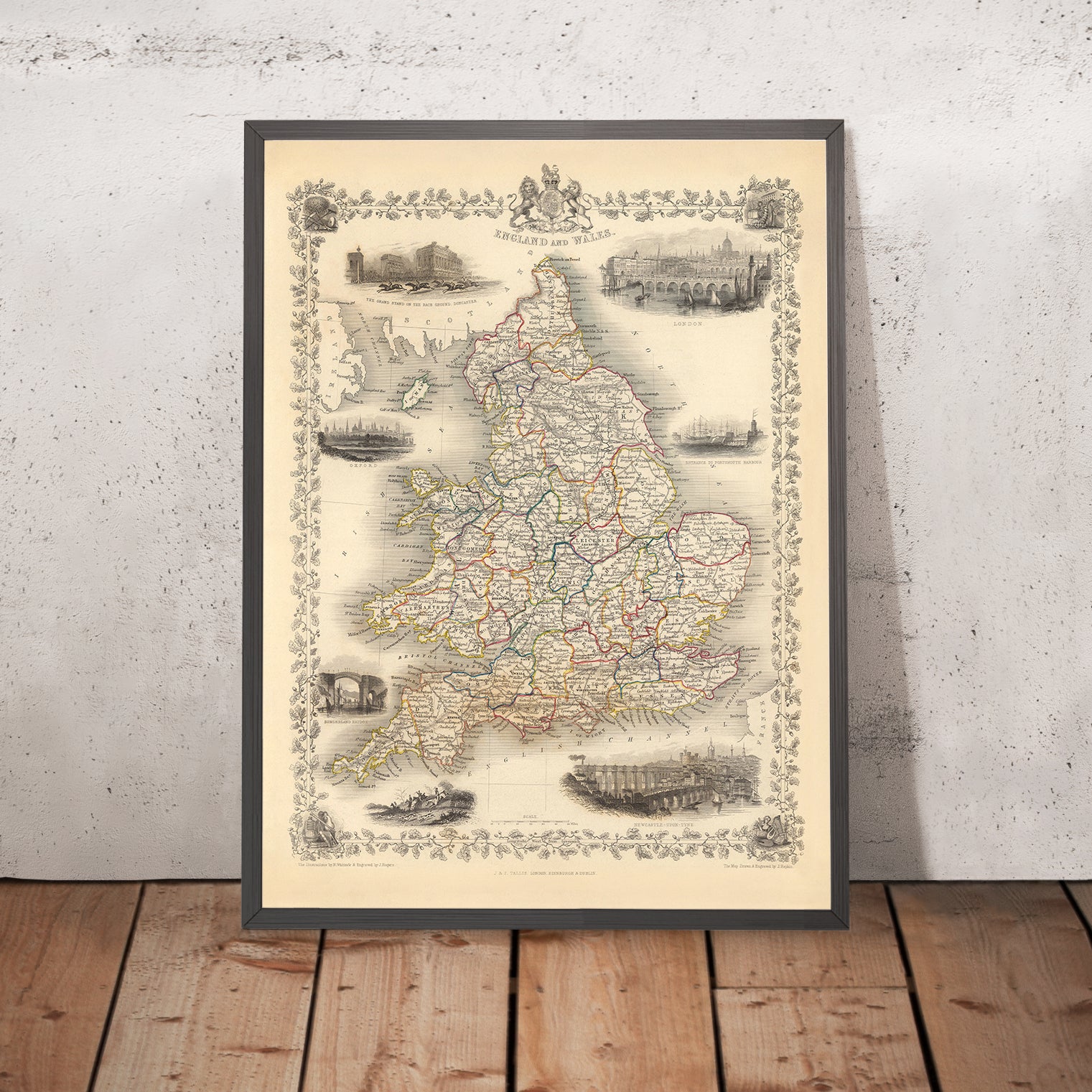 Old Map of England & Wales by Tallis, 1851: Railways, Landmarks, Illus ...