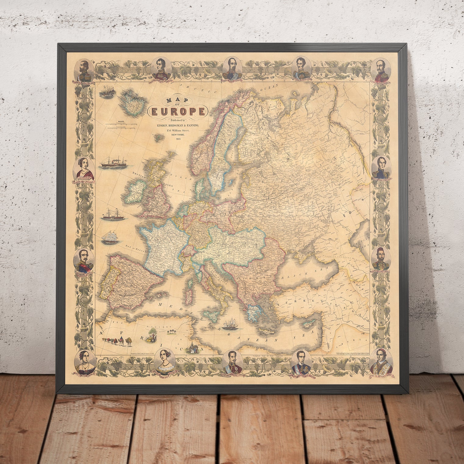 Rare Old Map of Europe by Ensign, Bridgman & Fanning, 1855: Portraits ...