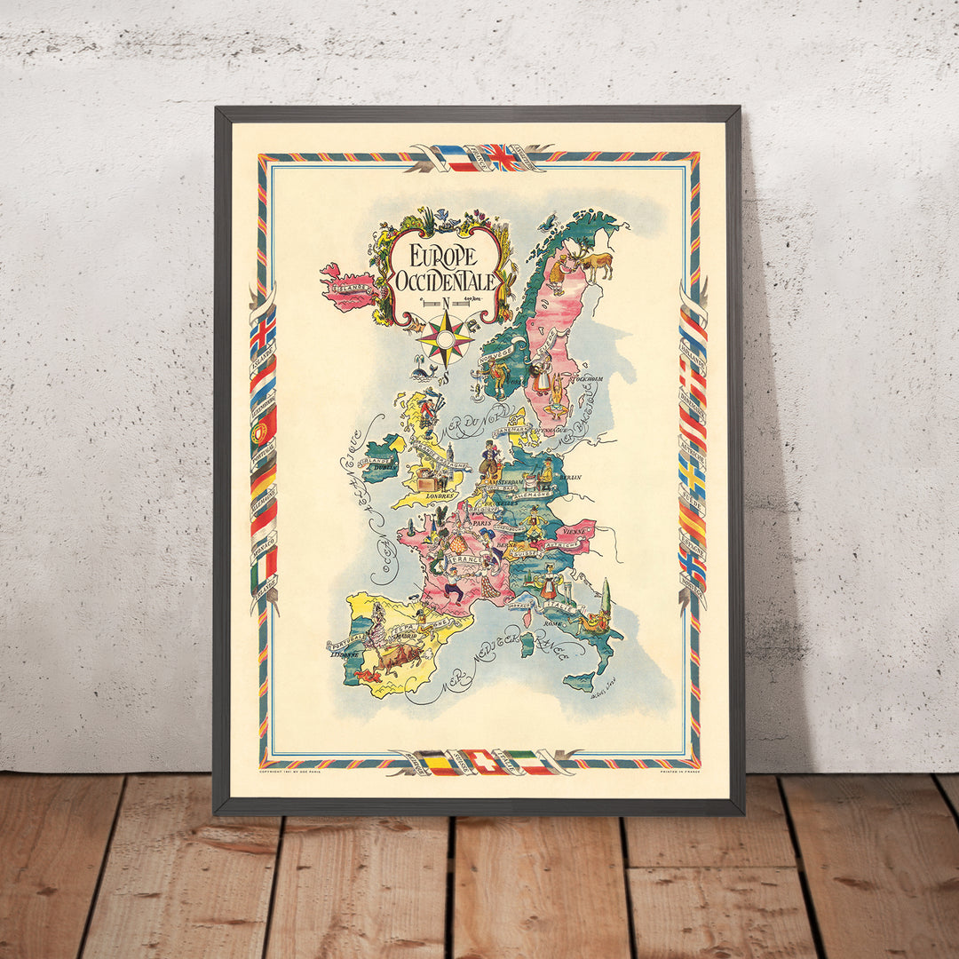 Old Pictorial Map of Western Europe by Liozu, 1951: Post-WWII Era, Ill ...