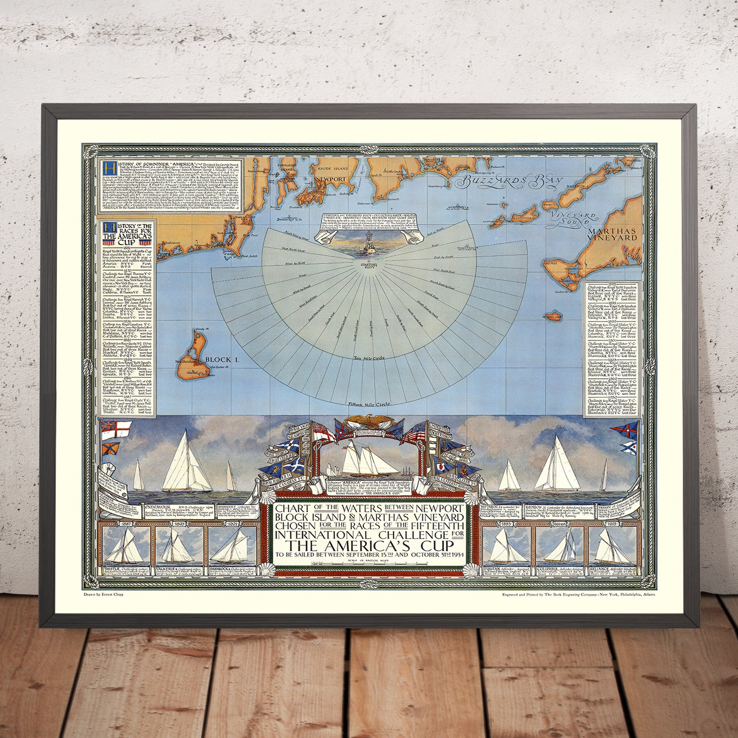 Old America’s Cup Map by Clegg, 1934: Yacht Race, Newport, Martha's Vi ...