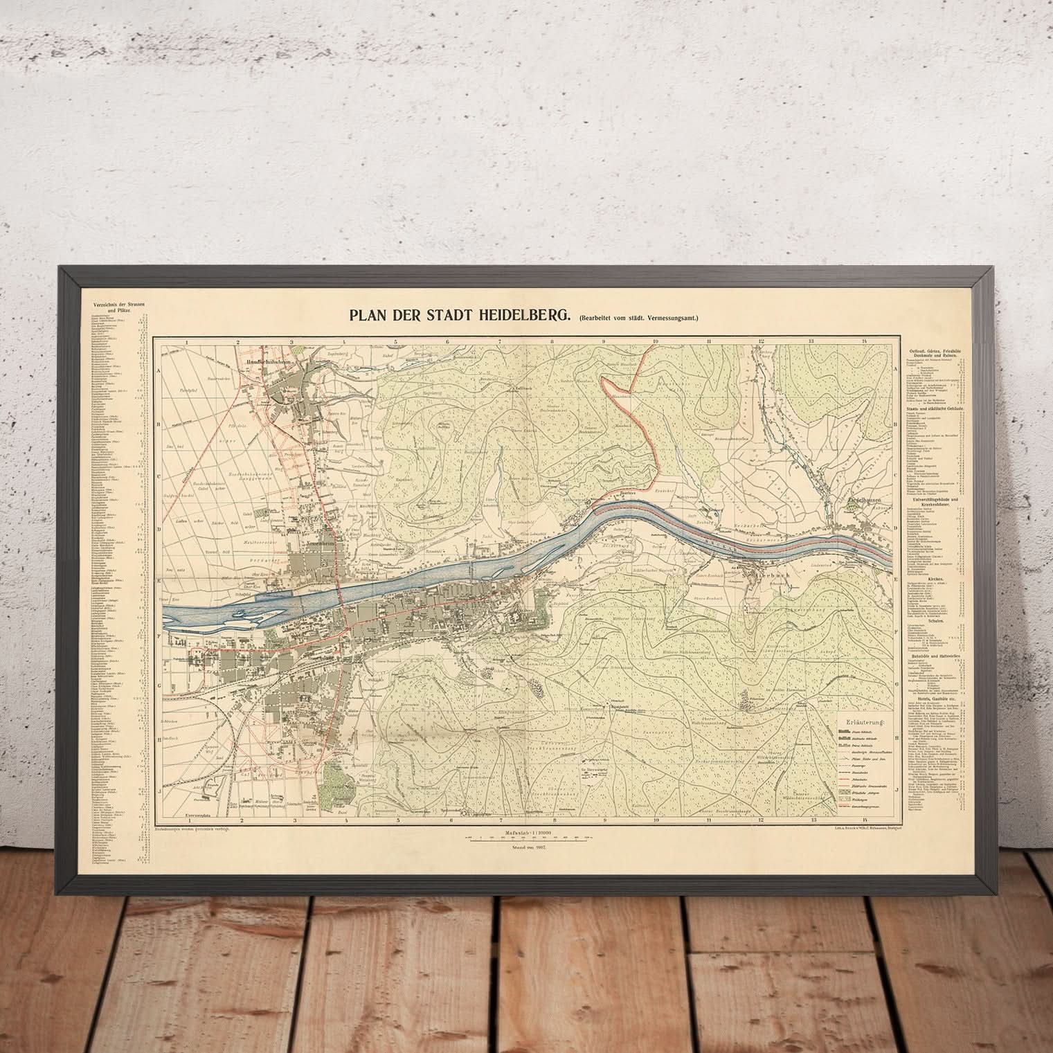 Old City Map of Heidelberg by Rübsamen, 1907: Castle, Neckar River, Ne ...