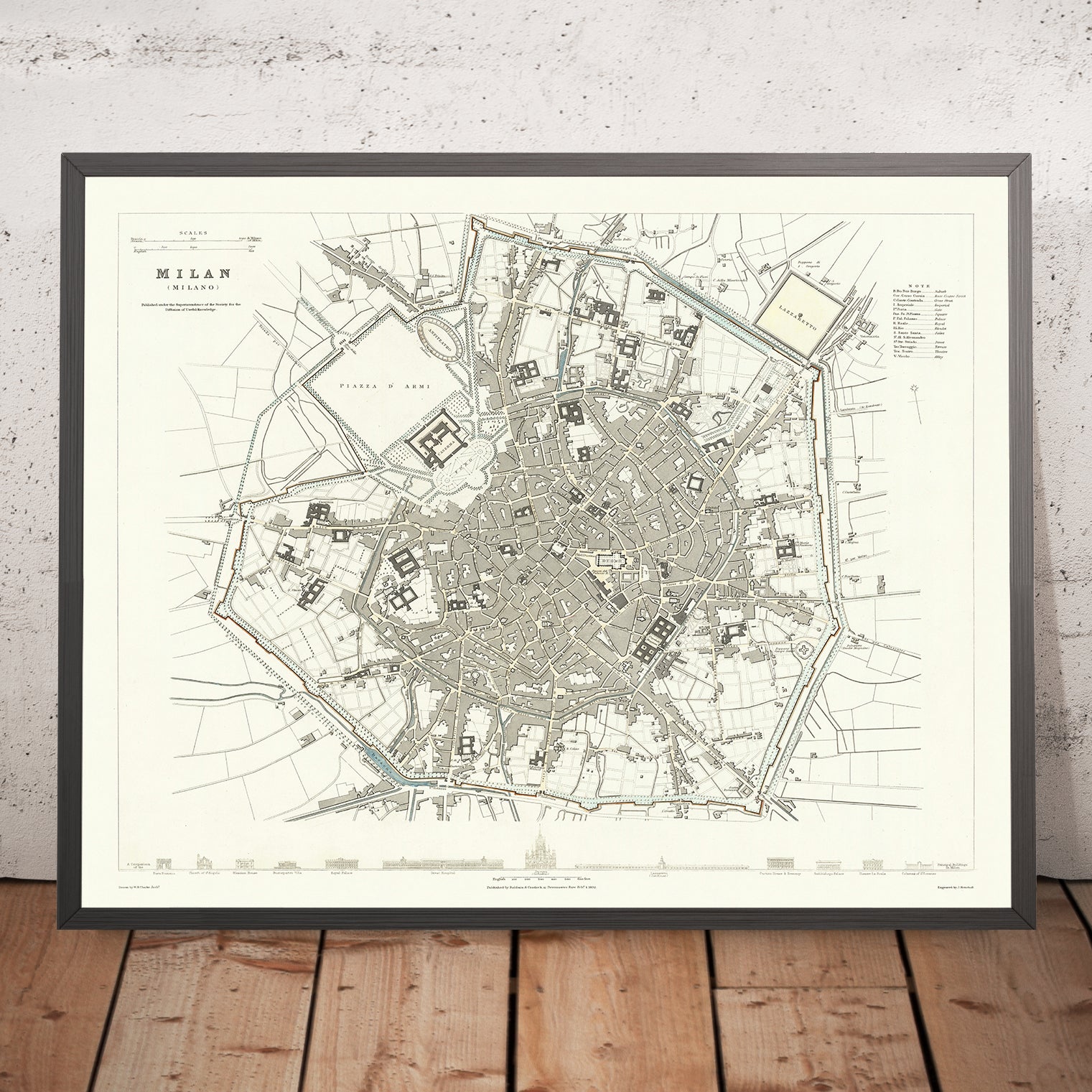 Old Map of Milan, 1832: Duomo, Sforza Castle, Piazza d'Armi, Royal Pal ...