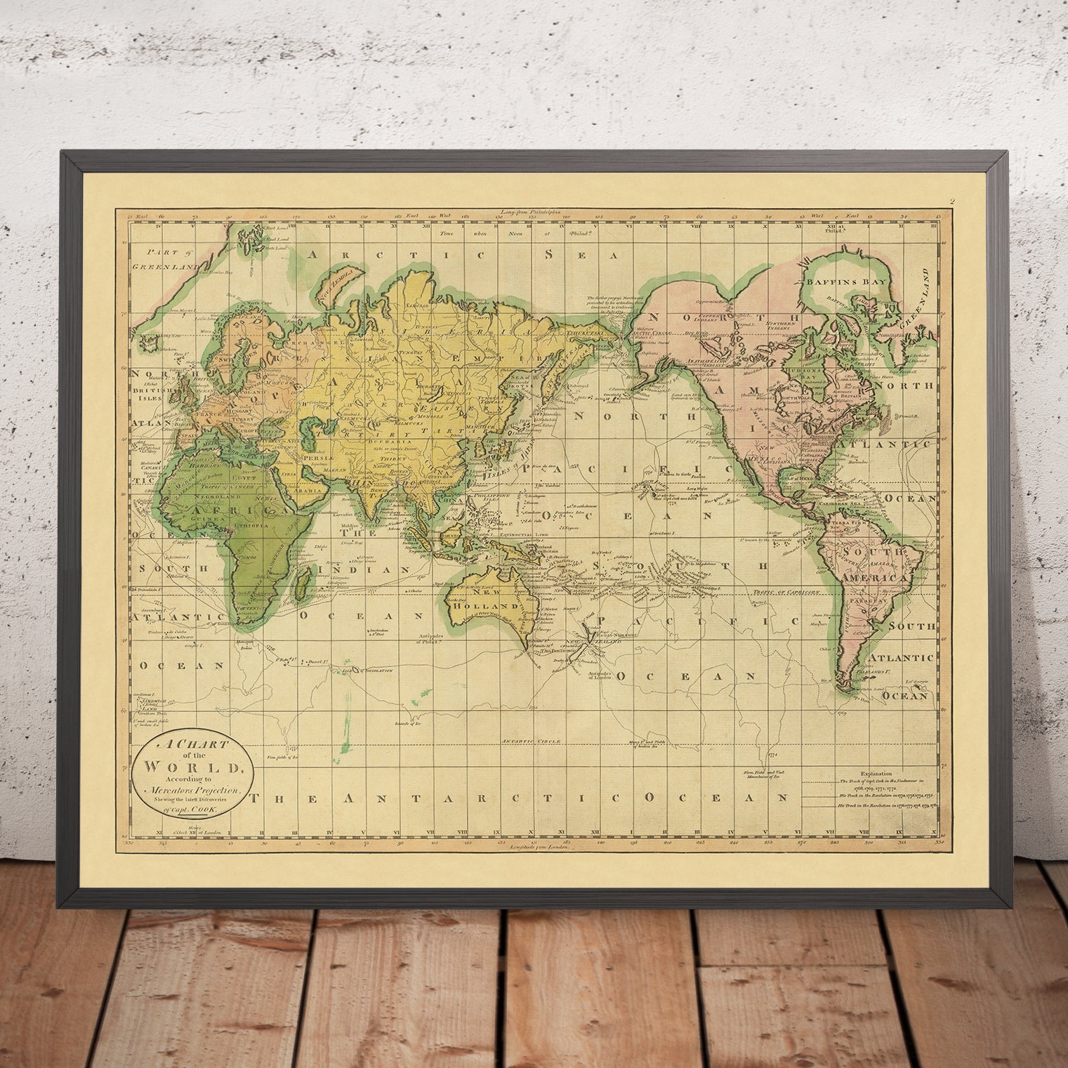 Old Mercator World Map Showing Discoveries of Capt. Cook by Carey, 181 ...