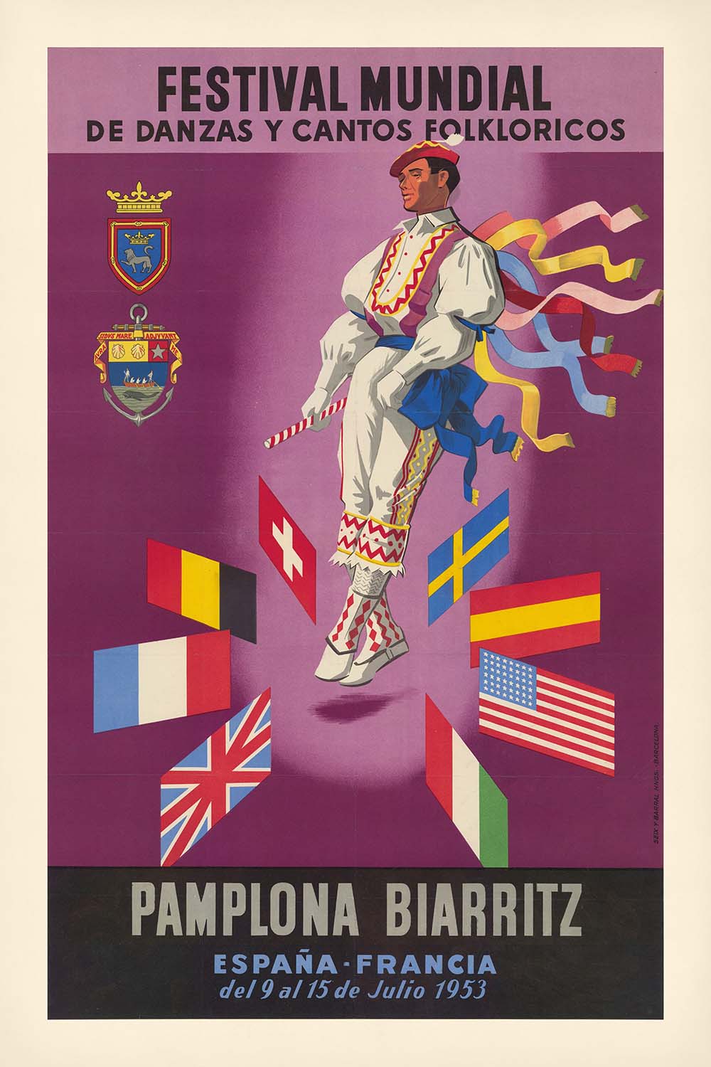 Pamplona & Biarritz Travel Poster: Festival Mundial de Danzas y Cantos ...