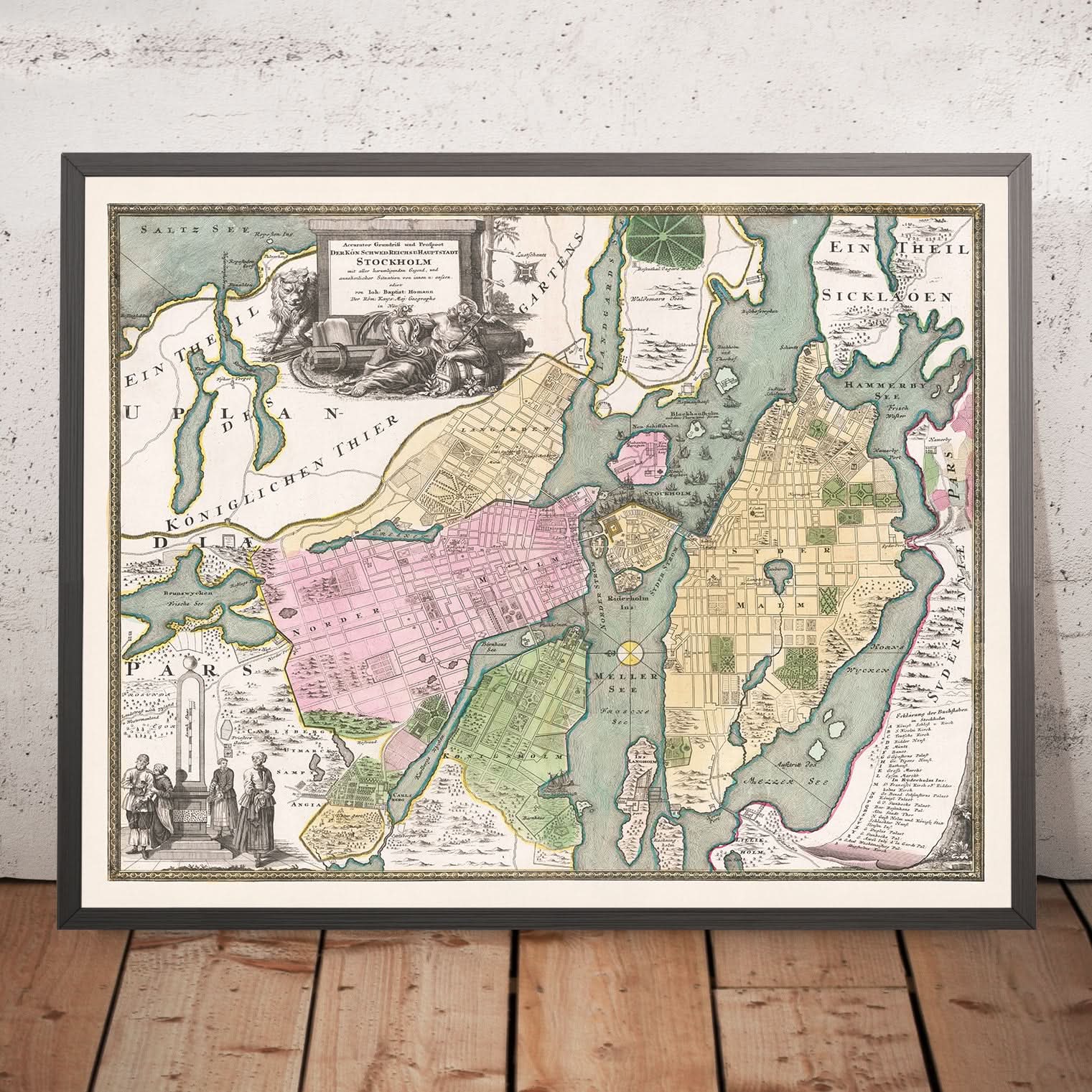 Old Map of Stockholm by Homann, 1720: Royal Palace, Riddarholmen, Mäla ...