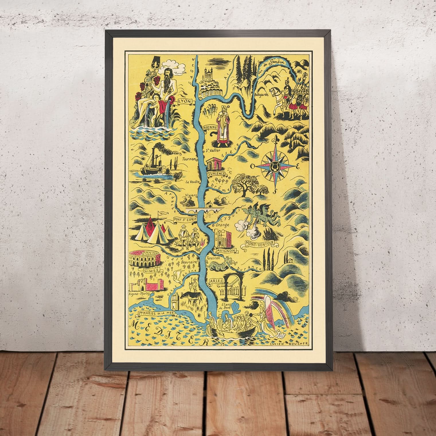 Old Pictorial Map of Rhone River by Boucher, 1938: Lyon, Nimes, Avigno ...