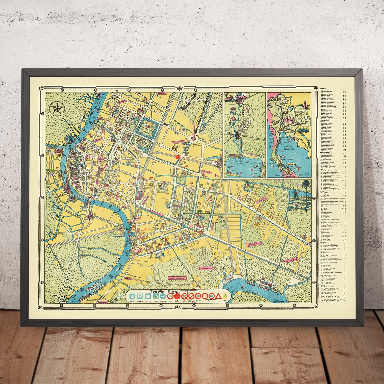 Old Map of Bangkok, 1954: Chao Phraya, Wat Arun, Grand Palace, Dusit ...