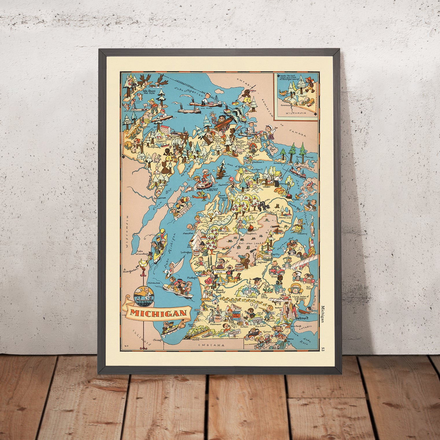 Pictorial Map of Michigan by Ruth Taylor White, 1935: Detroit, Great L ...