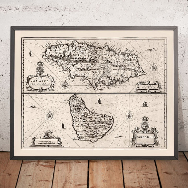 Old Map of Jamaica and Barbados by Speed, 1676: Port Royal, Bridgetown ...
