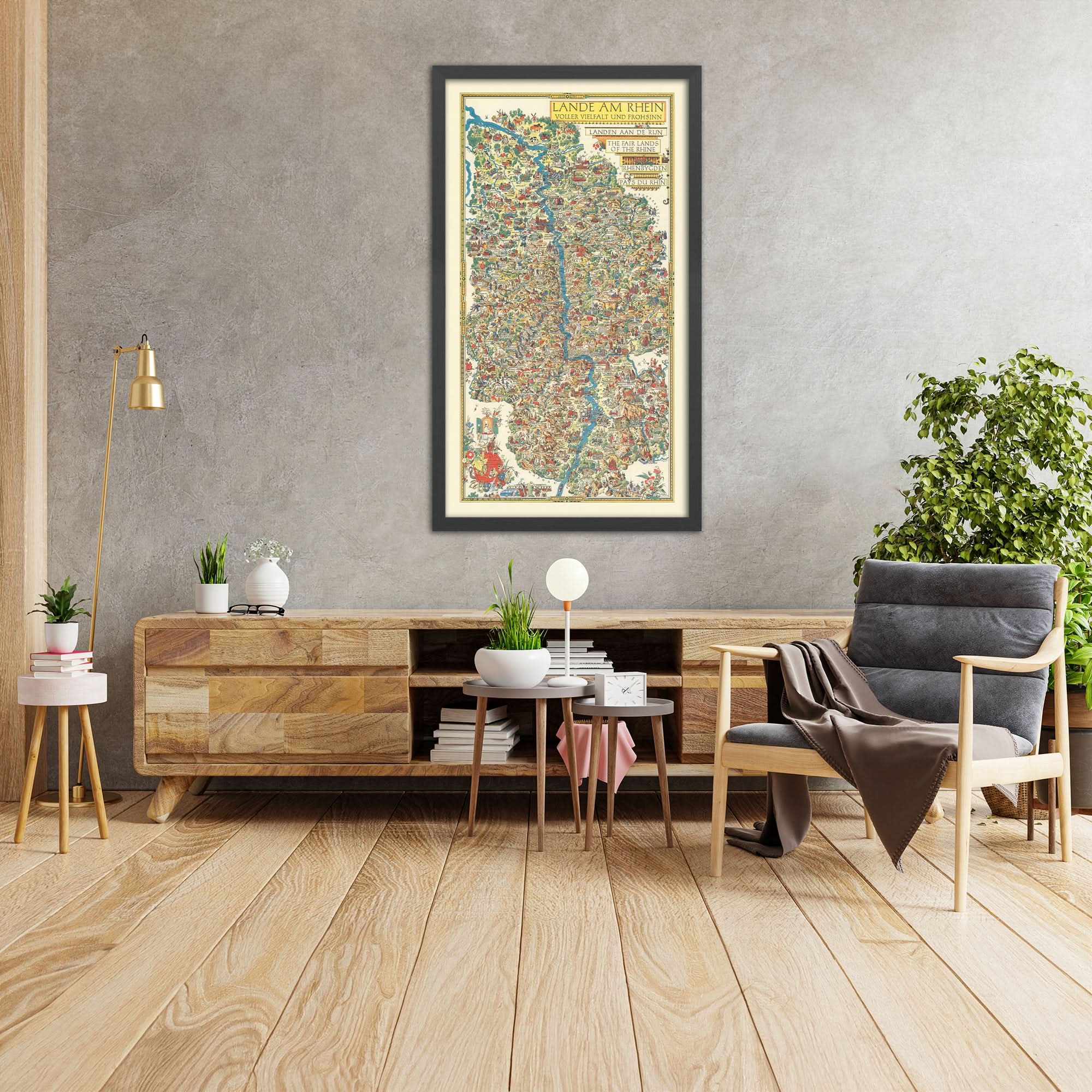 Old Pictorial Map of Germany by Faller, 1950: Rhine River Basin, Castl ...