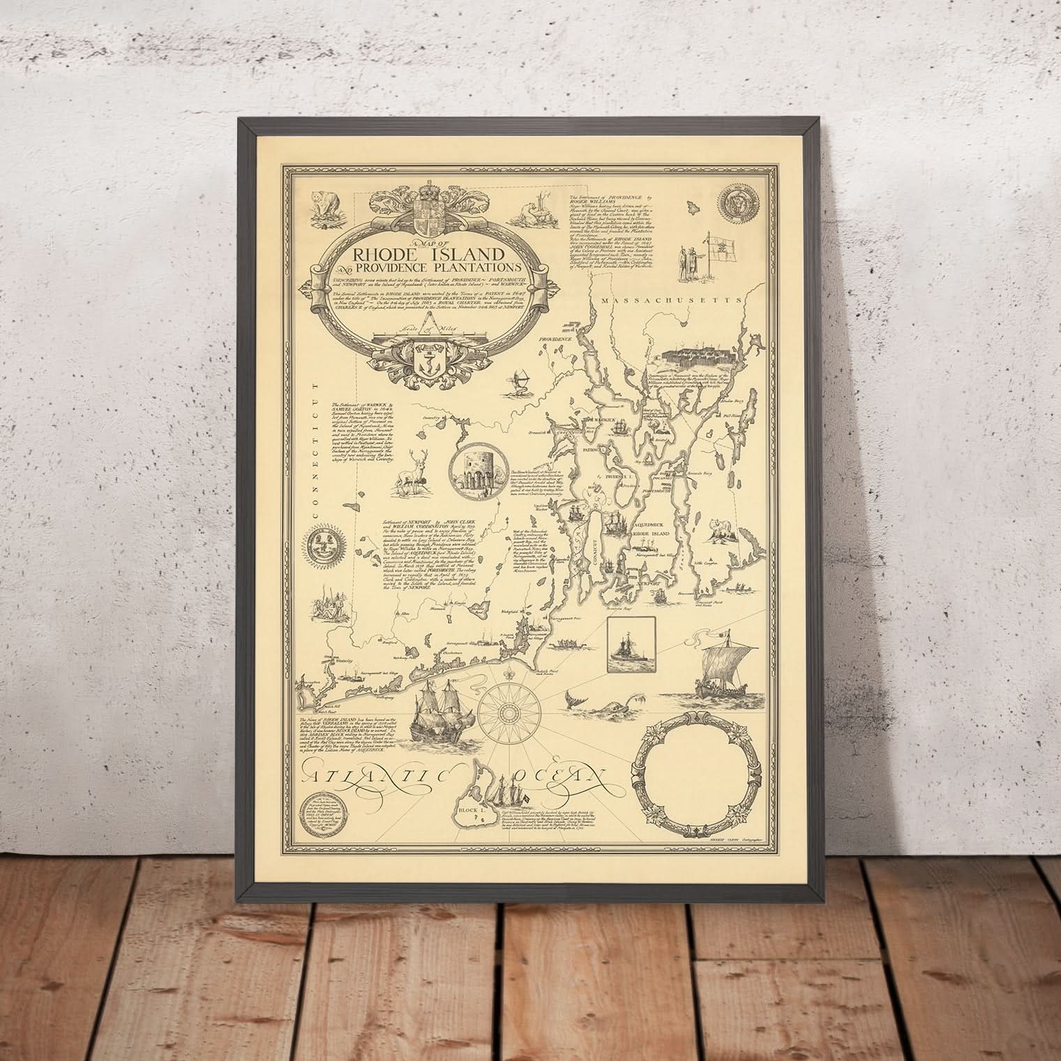 Old Pictorial Map of Rhode Island by Clegg, 1925: Providence, Newport ...