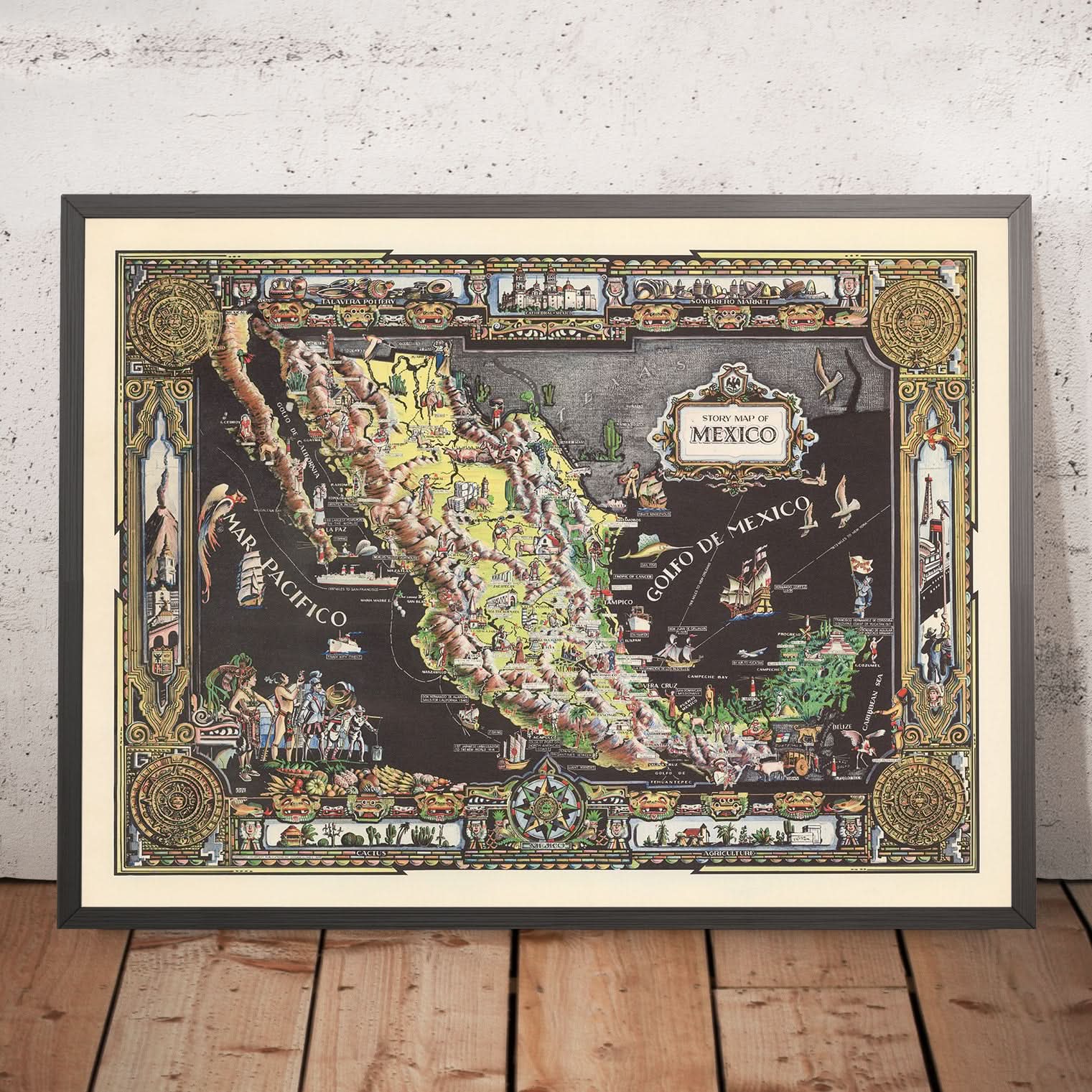 Old Map of Mexico, 1939: Mexico City, Cathedral, Pacific Ocean, Explor ...