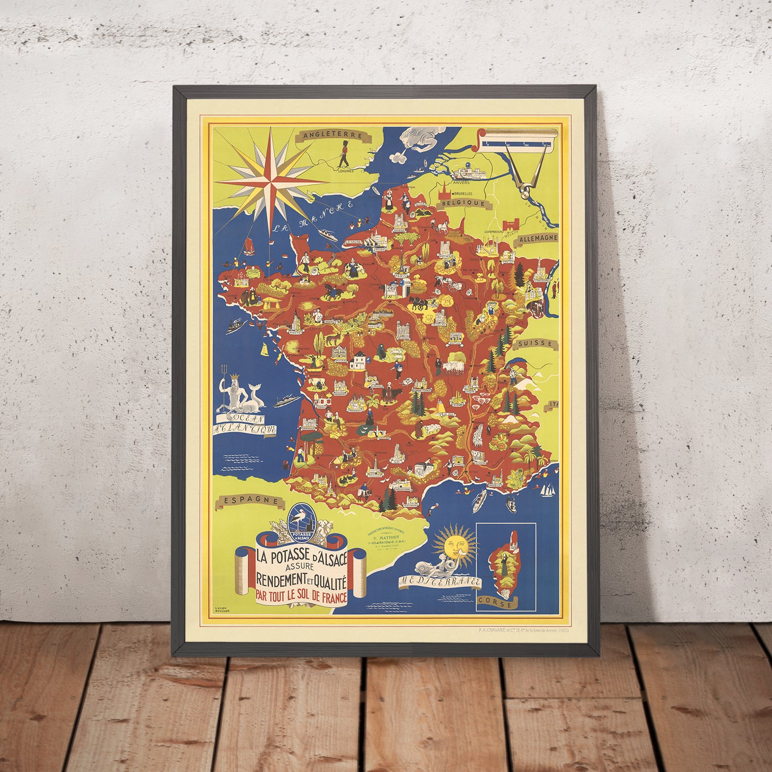 Old Pictorial Map of France by Lucien Boucher, 1950: Alps, Pyrenees, A ...