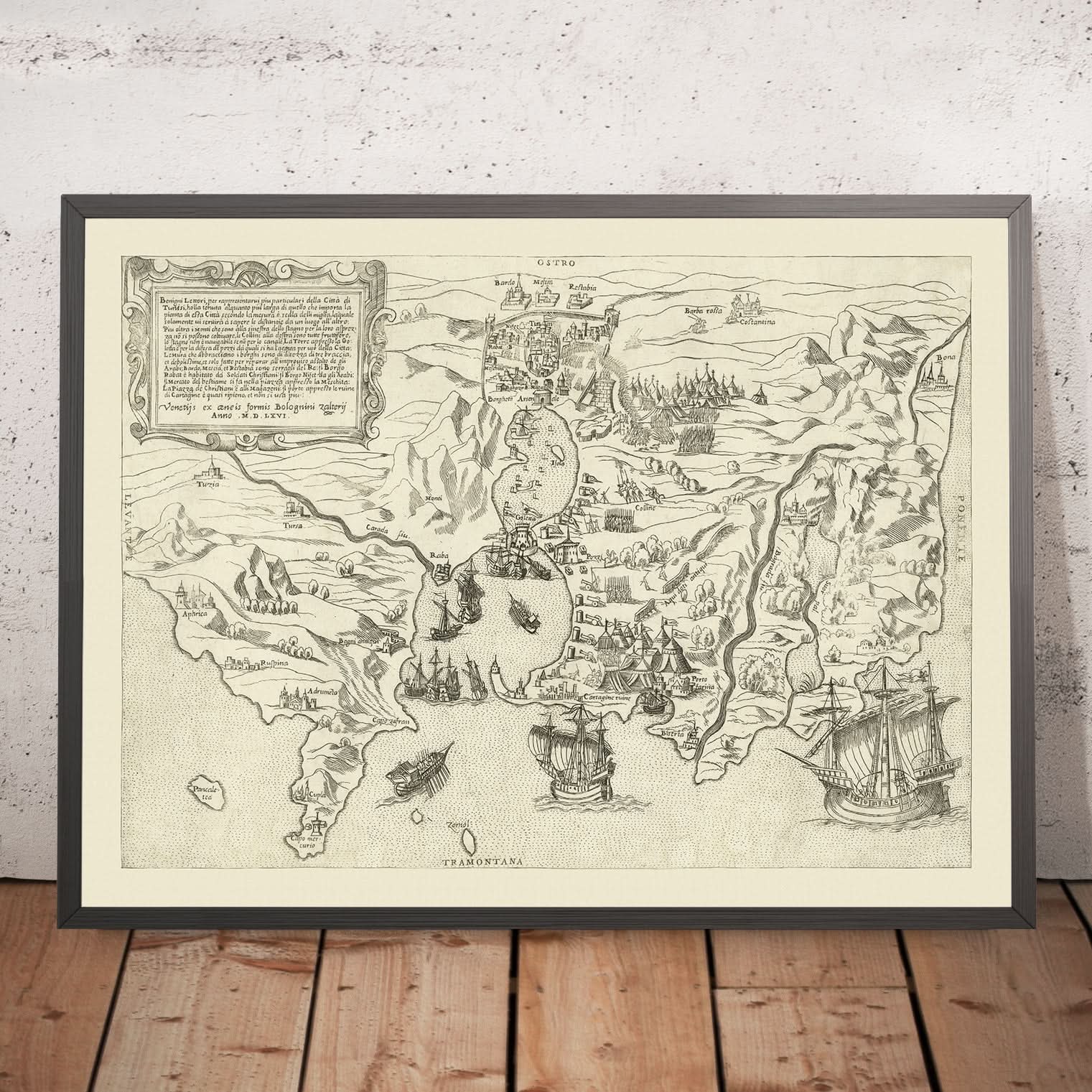 Old Military Map of the Conquest of Tunis by Zaltieri, 1566: La Golett ...