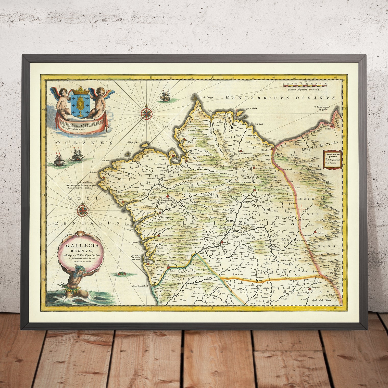 Old Map of Galicia, Spain by Blaeu, 1640: Santiago, Corunna, Vigo, Nep ...