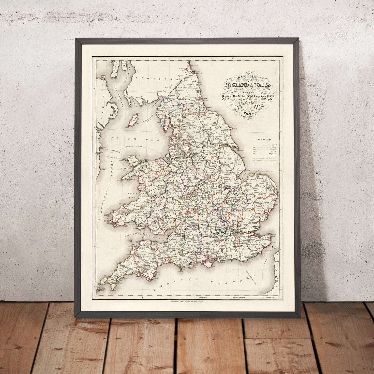 Old County Map of England & Wales by Lewis, 1844: Major Roads & Railwa ...