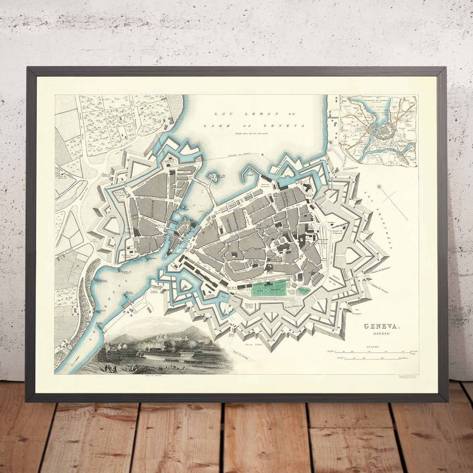 Old Map of Geneva by SDUK, 1870: Lake Geneva, Rhone River, Jardin Bota ...