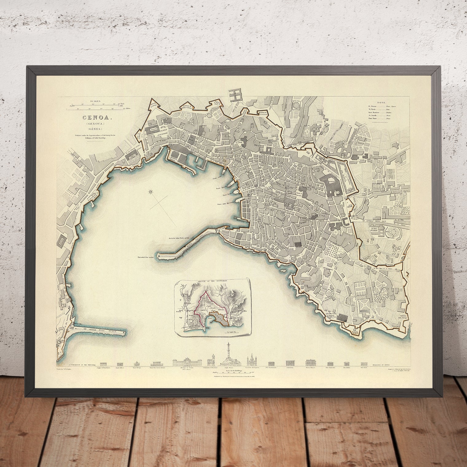 Old Map of Genoa by Clarke, 1836: Cathedral, Palazzo Ducale, Lighthous ...