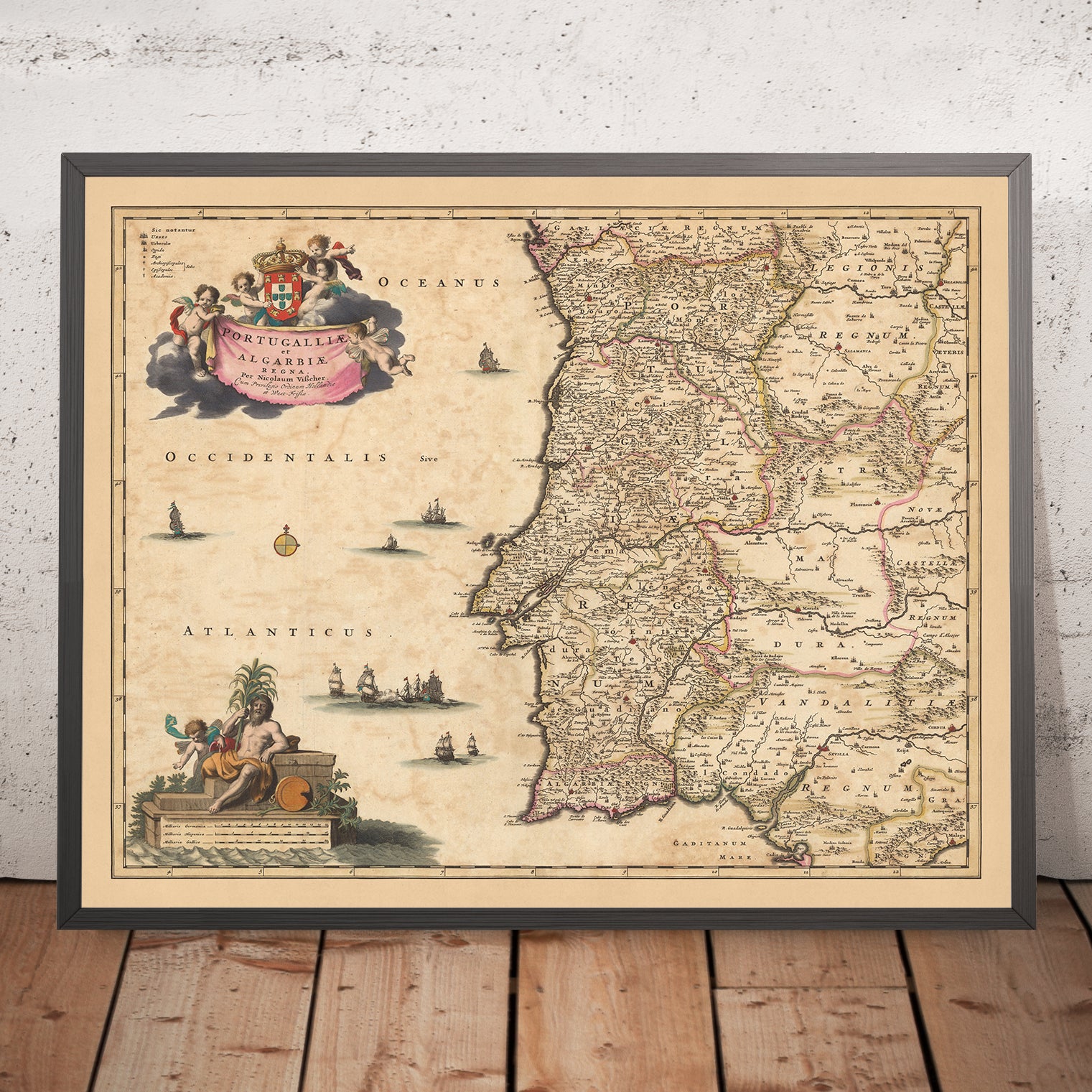 Old Map of the Kingdoms of Portugal & Algarve by Visscher, 1690: Lisbo ...