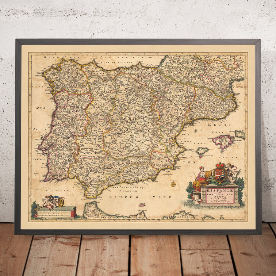 Old Map of the Kingdoms of Spain & Portugal by Visscher, 1690: Madrid ...