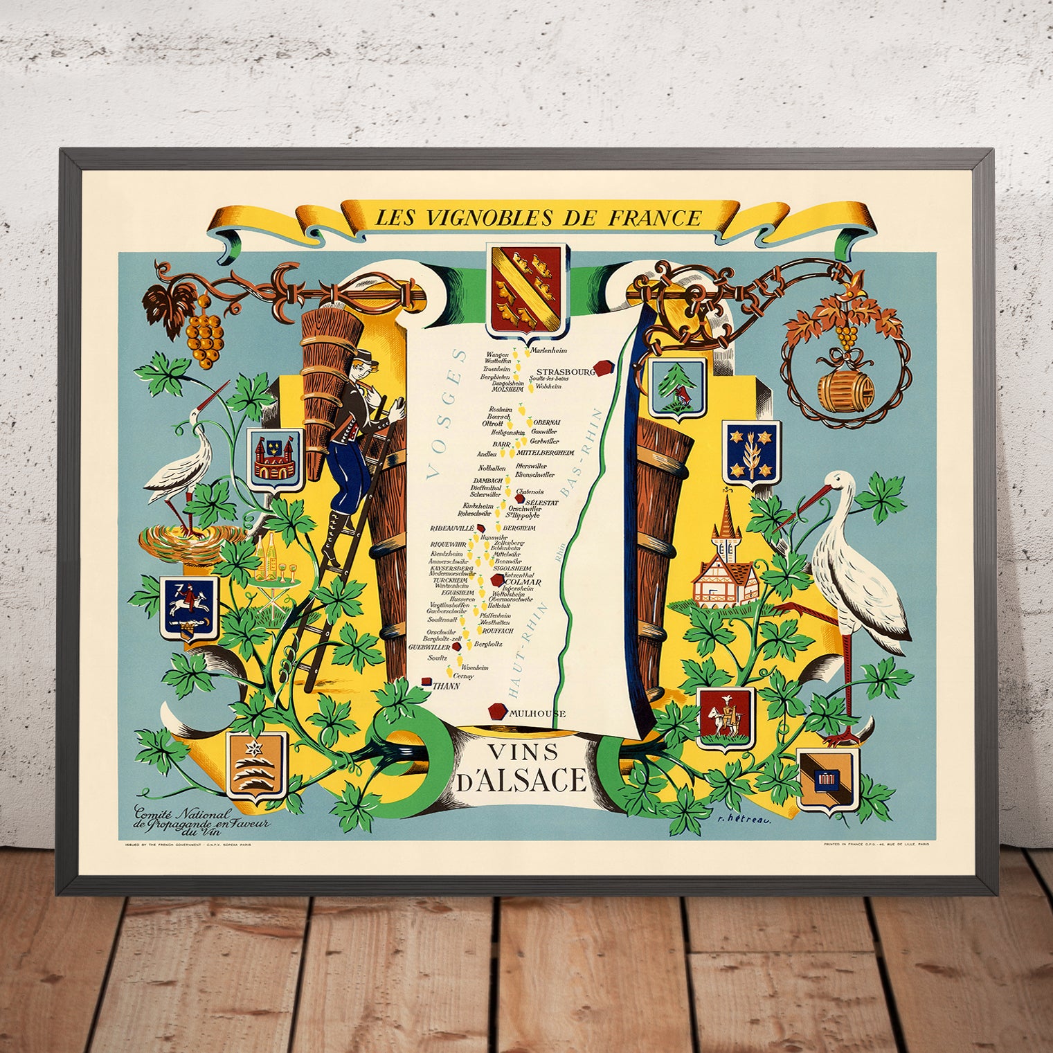 Old Wine Map of Alsace by Hetreau, 1954: Strasbourg, Colmar, Wine Regi ...