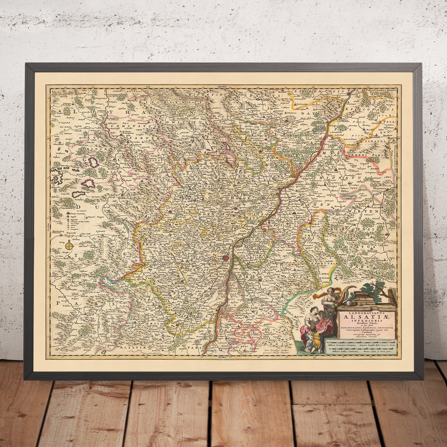Old Map of Lower Alsace by Visscher, 1690: Strasbourg, Karlsruhe, Pfor ...